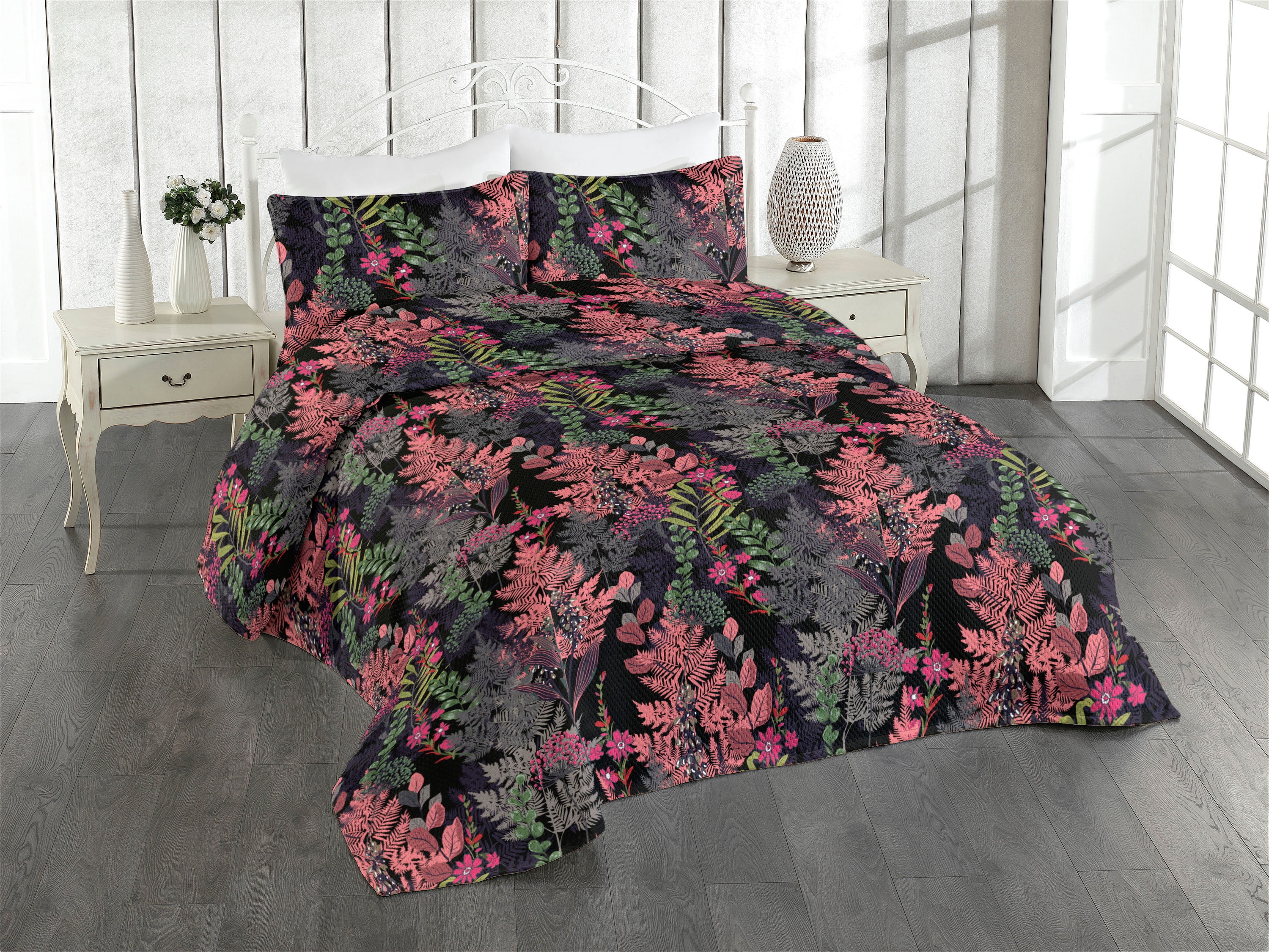 Ambesonne Tropical Boho Quilted Bedspread Set 3 Pcs, Jungle Leaf ...