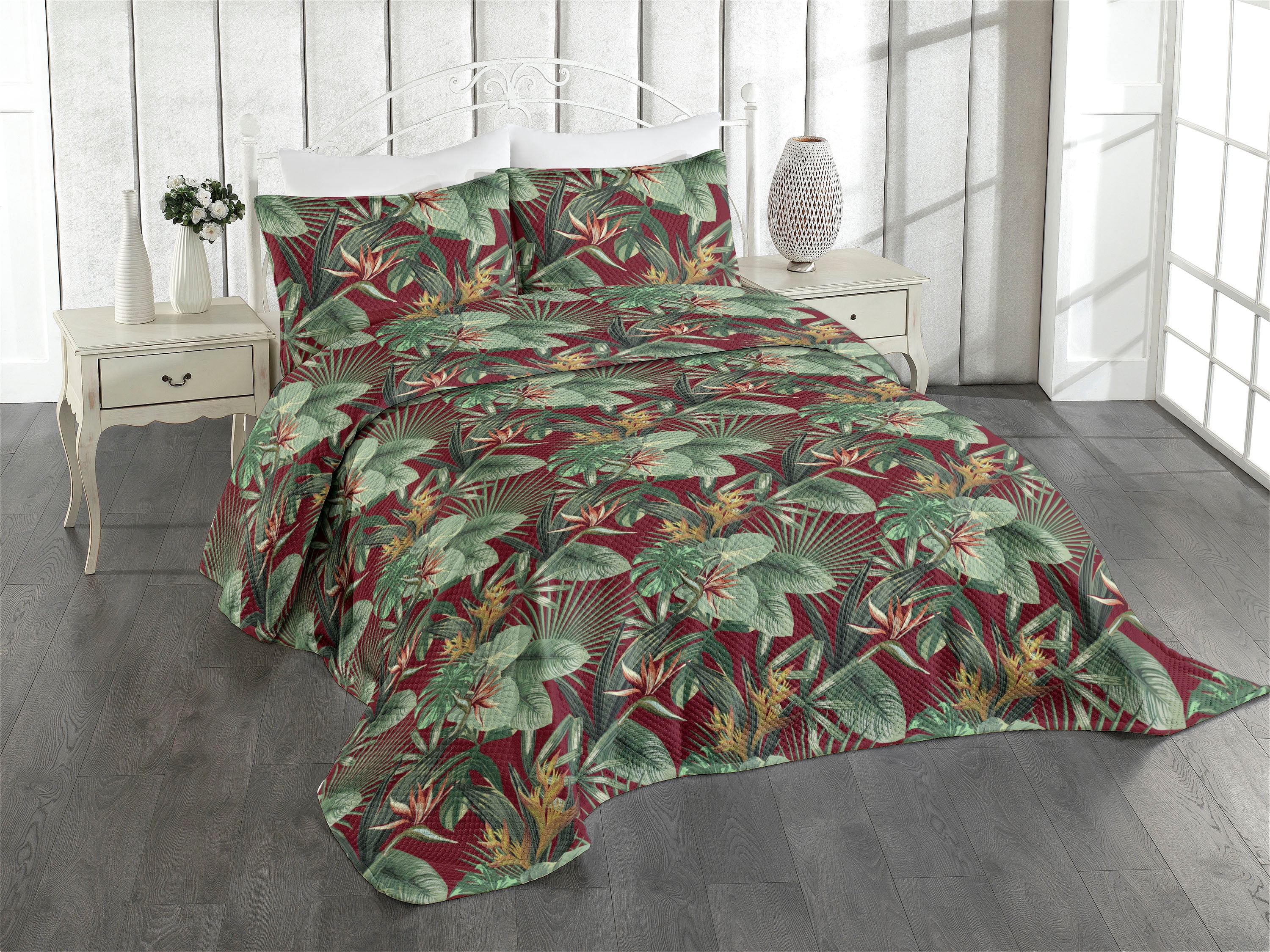 Ambesonne Tropical Boho Quilted Coverlet 3 Pcs, Nature Themed Palms ...
