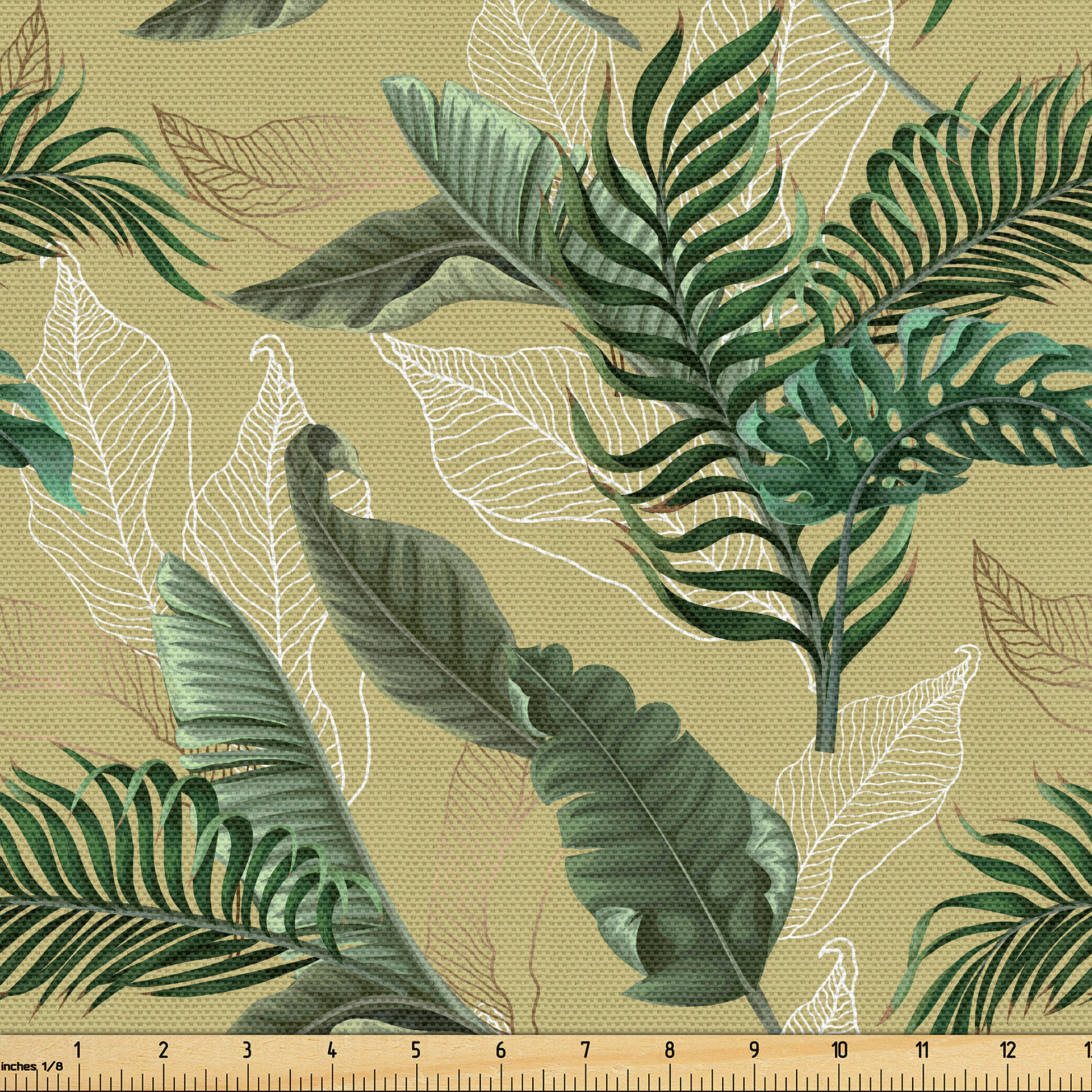 Ambesonne Tropical Fabric by the Yard, Line Art Leaves Exotic, 3 Yards ...