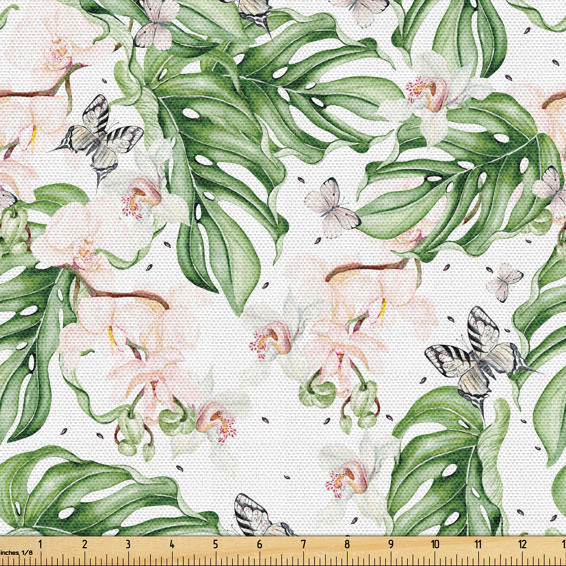 Ambesonne Tropical Fabric by the Yard Upholstery, Palm Orchid Butterfly ...