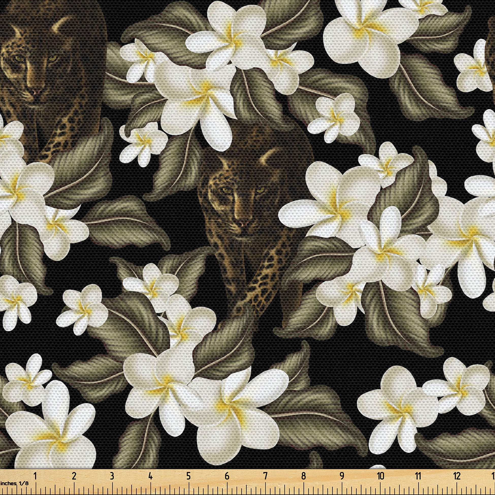 Ambesonne Tropical Fabric by the Yard Upholstery, Plumerias Leopards ...
