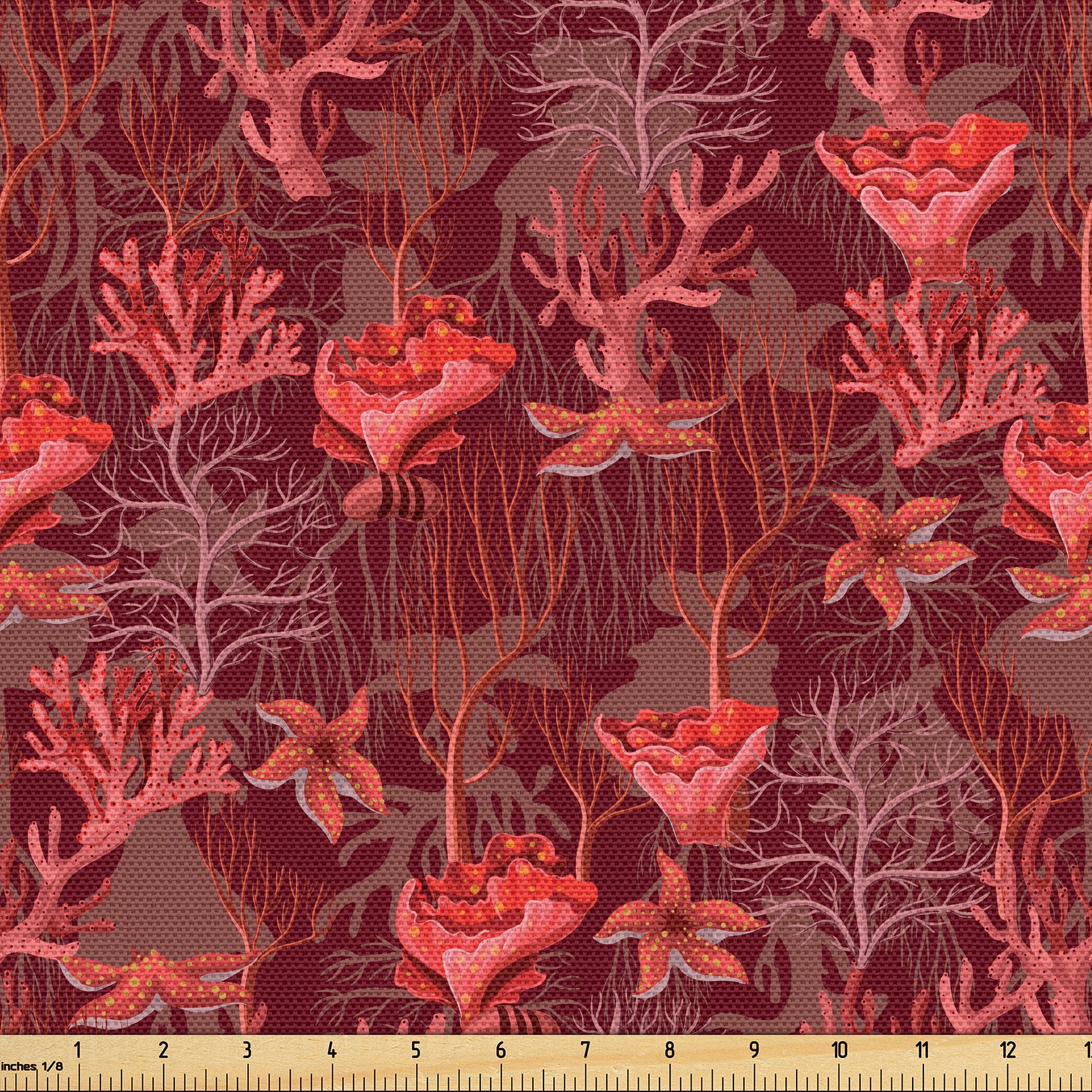 Ambesonne Tropical Fabric by the Yard Upholstery, Coral Reef Starfish Art, 3 Yards, Scarlet and ...