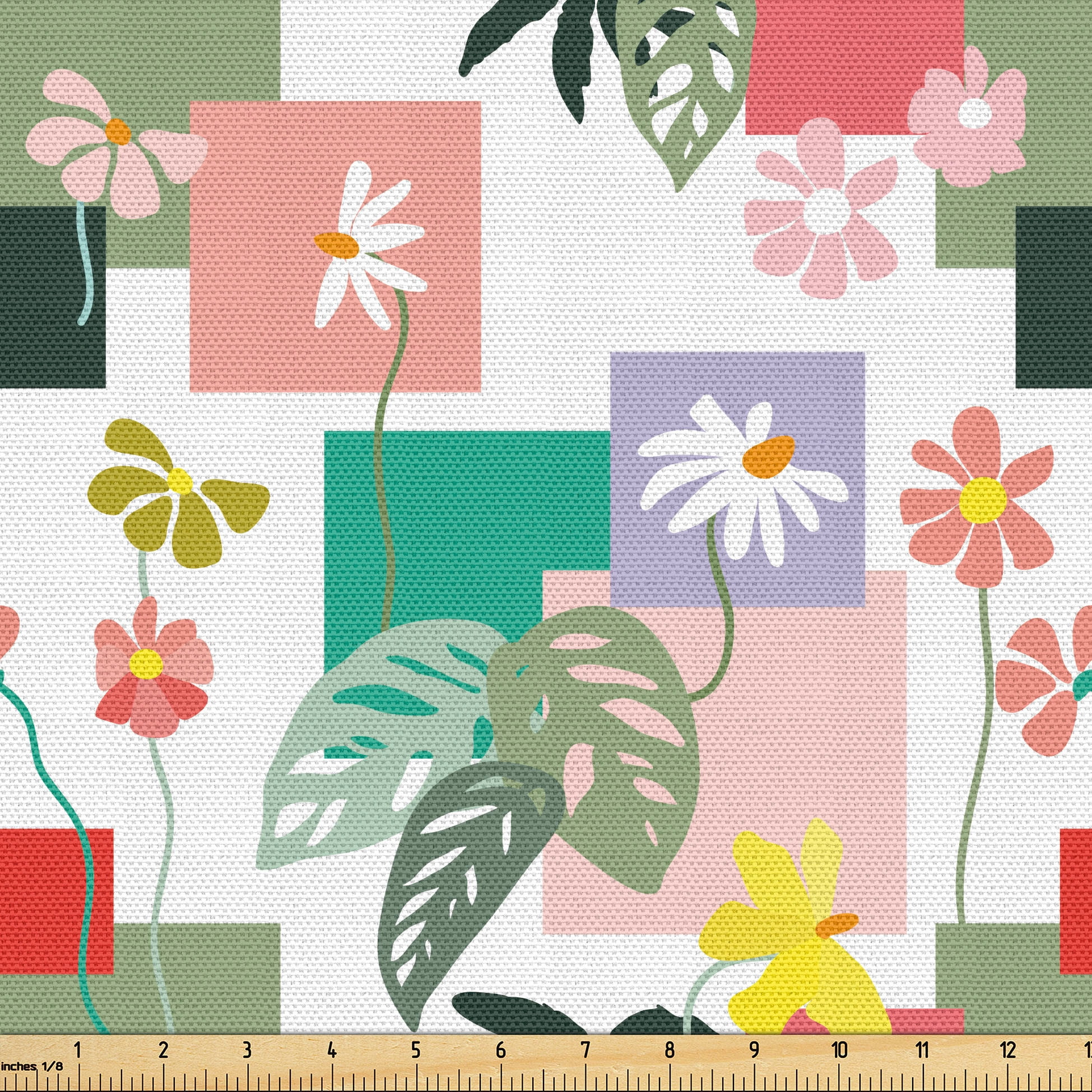 Ambesonne Tropical Fabric by the Yard Upholstery, Flower Leaf Square ...