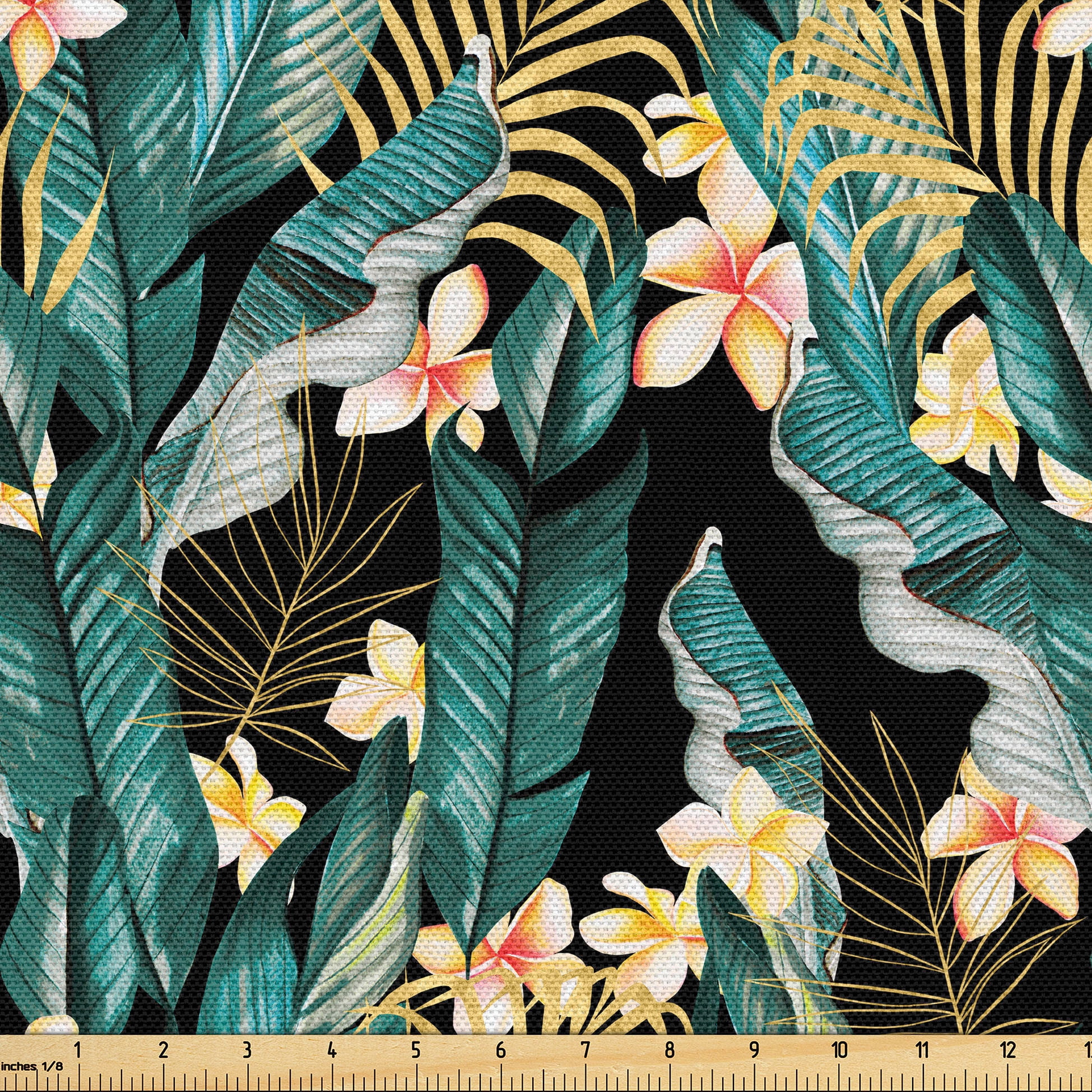 Ambesonne Tropical Fabric by the Yard Upholstery, Plumerias Gold Exotic ...