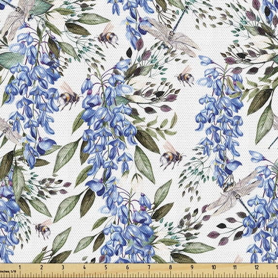 Ambesonne Tropical Fabric by the Yard Upholstery, Wisteria Flowers Bees ...