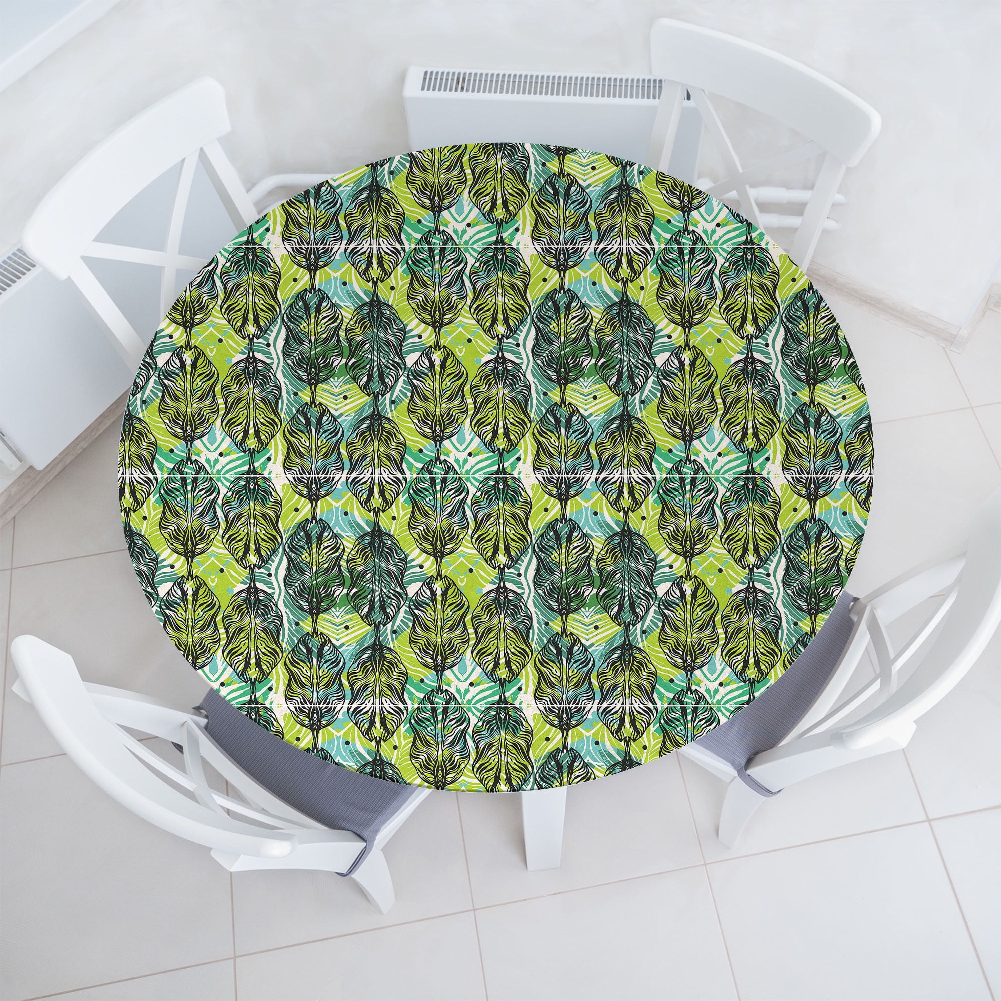 Ambesonne Tropical Fitted Round Tablecloth, Exotic Leaves Jungle Art ...