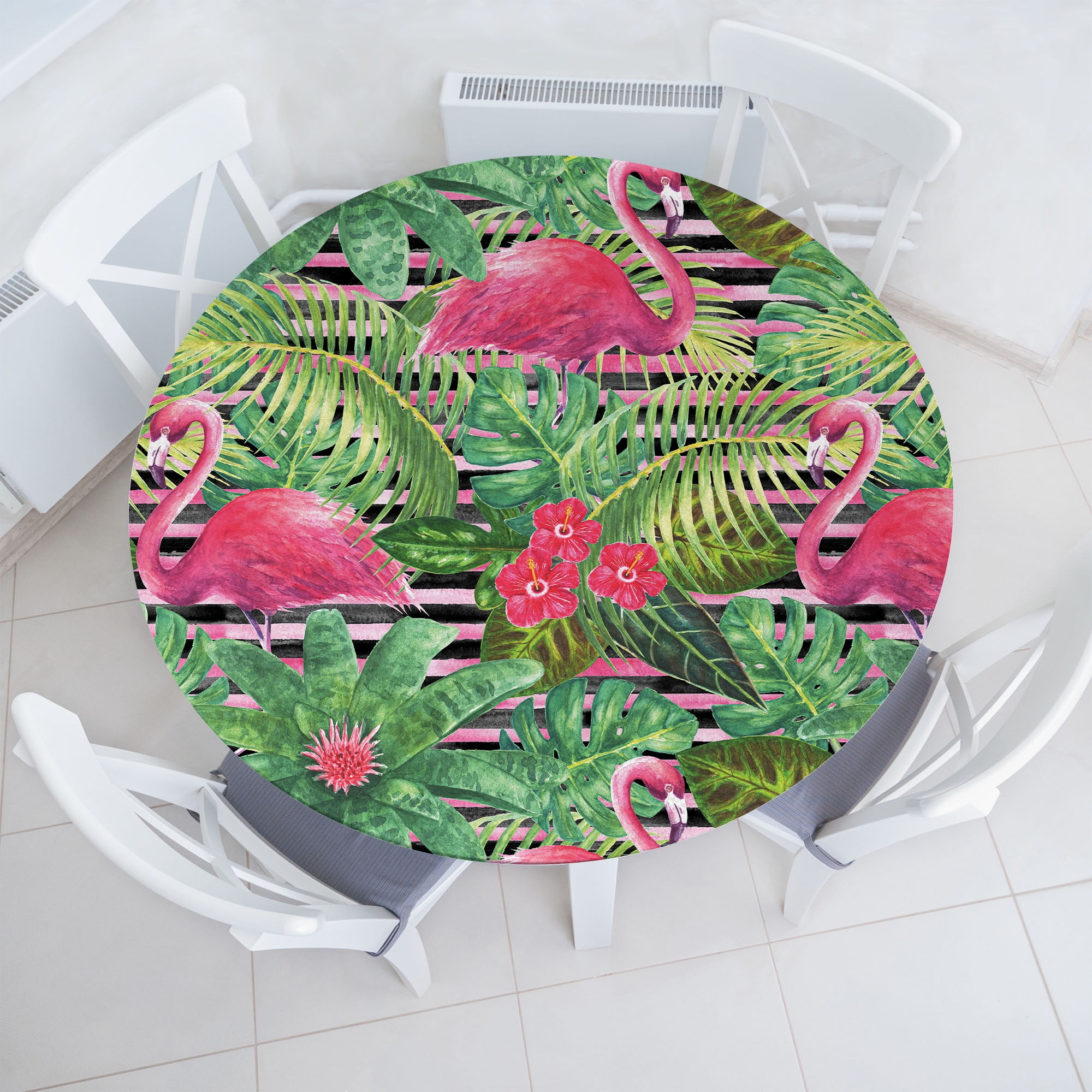 Ambesonne Tropical Fitted Round Tablecloth, Flamingo Hibiscus Palm Art ...
