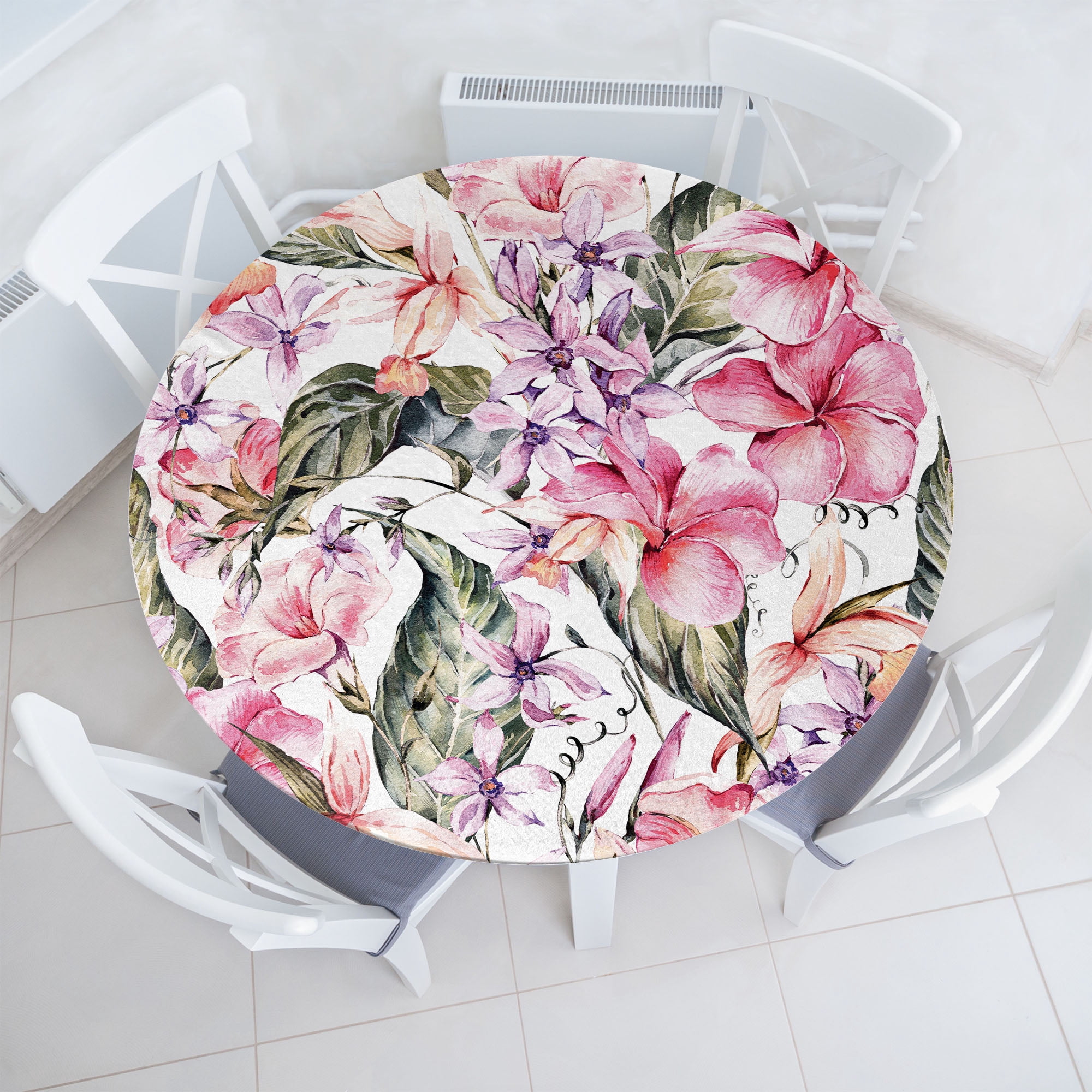 Ambesonne Tropical Fitted Round Tablecloth, Flora Art Exotic Foliage ...