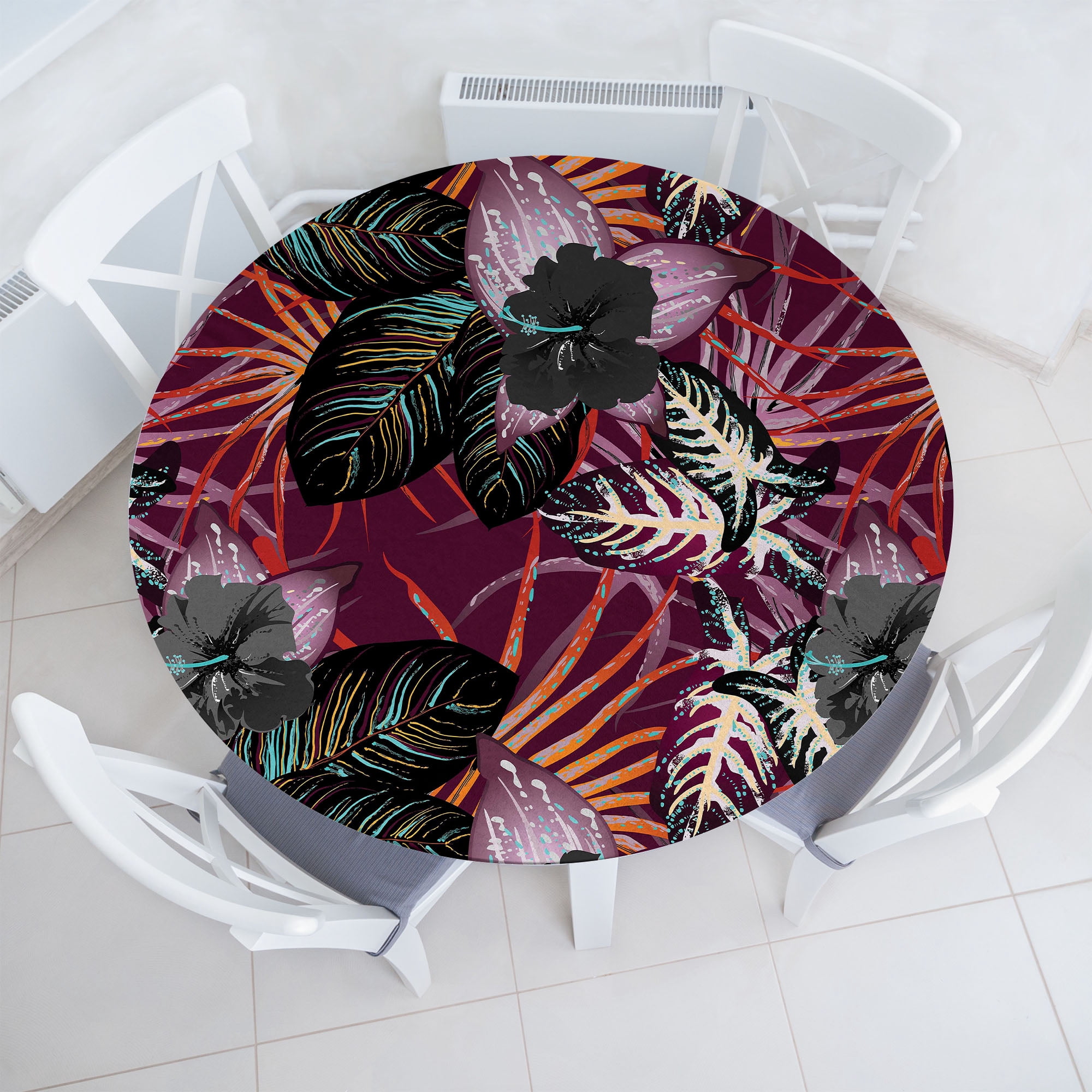 Ambesonne Tropical Fitted Round Tablecloth, Jungle Leaves Exotic Print ...