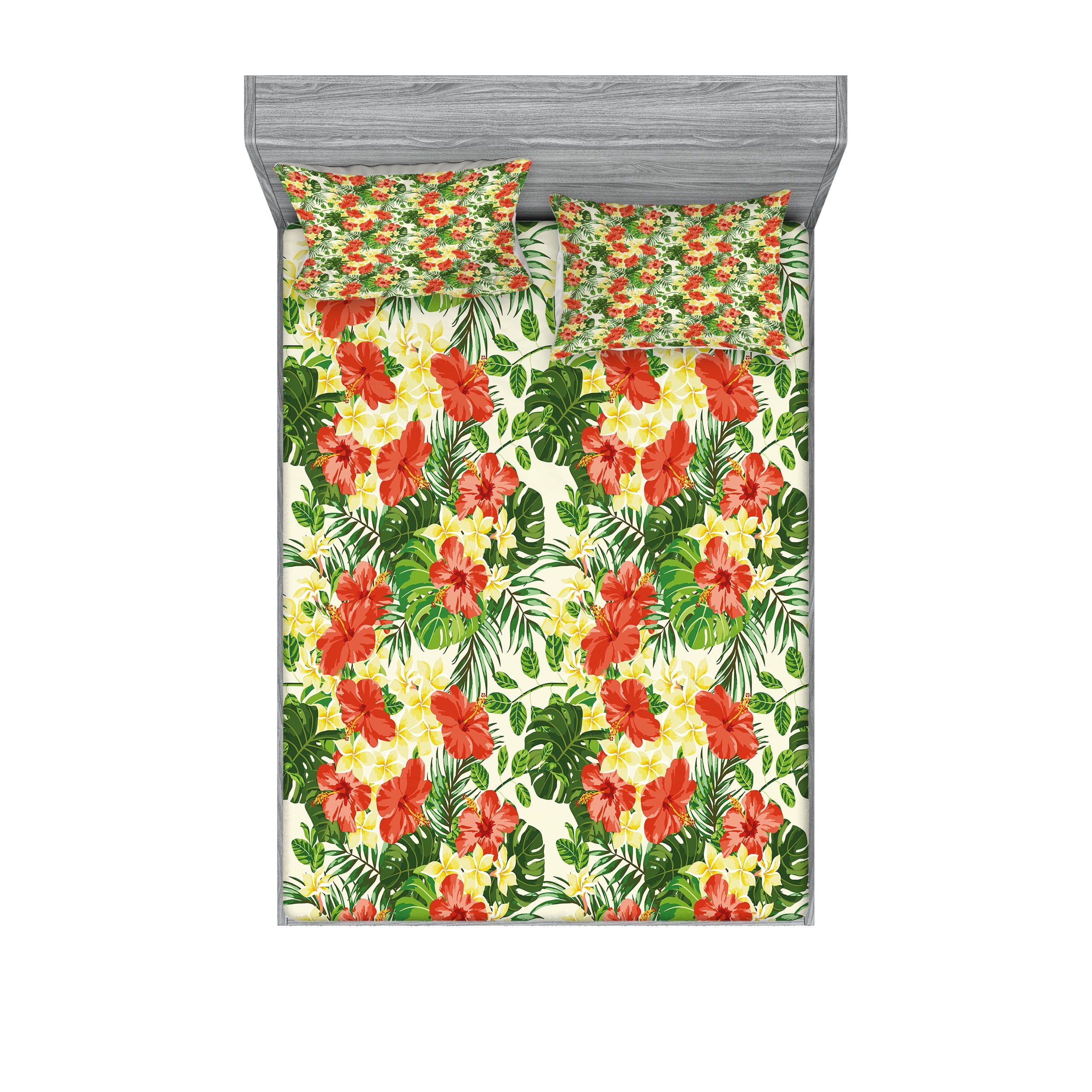 Ambesonne Tropical Fitted Sheet & Pillow Sham Set, Exotic Flowers ...