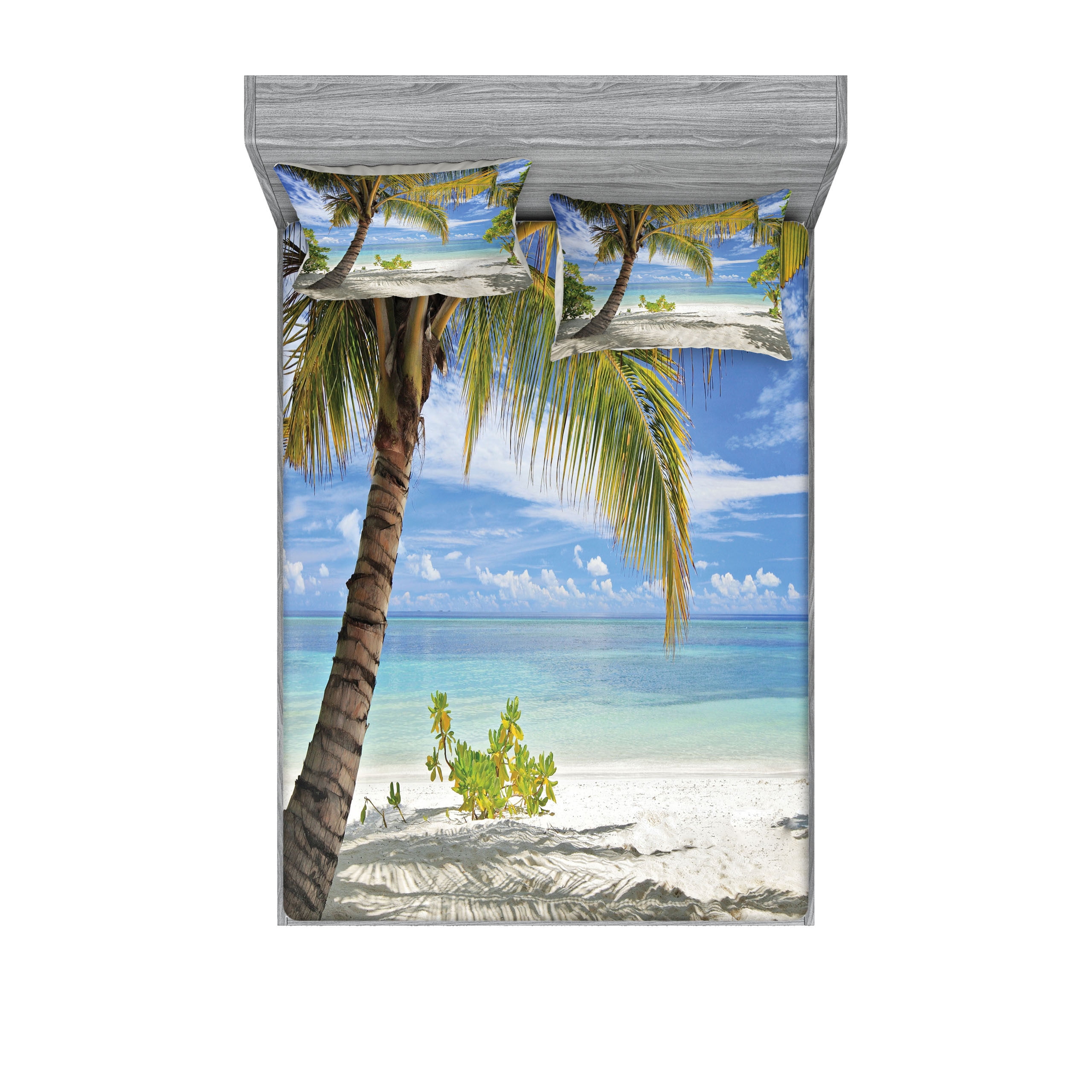 Ambesonne Tropical Fitted Sheet & Pillow Sham Set, Palm Trees Coastline ...