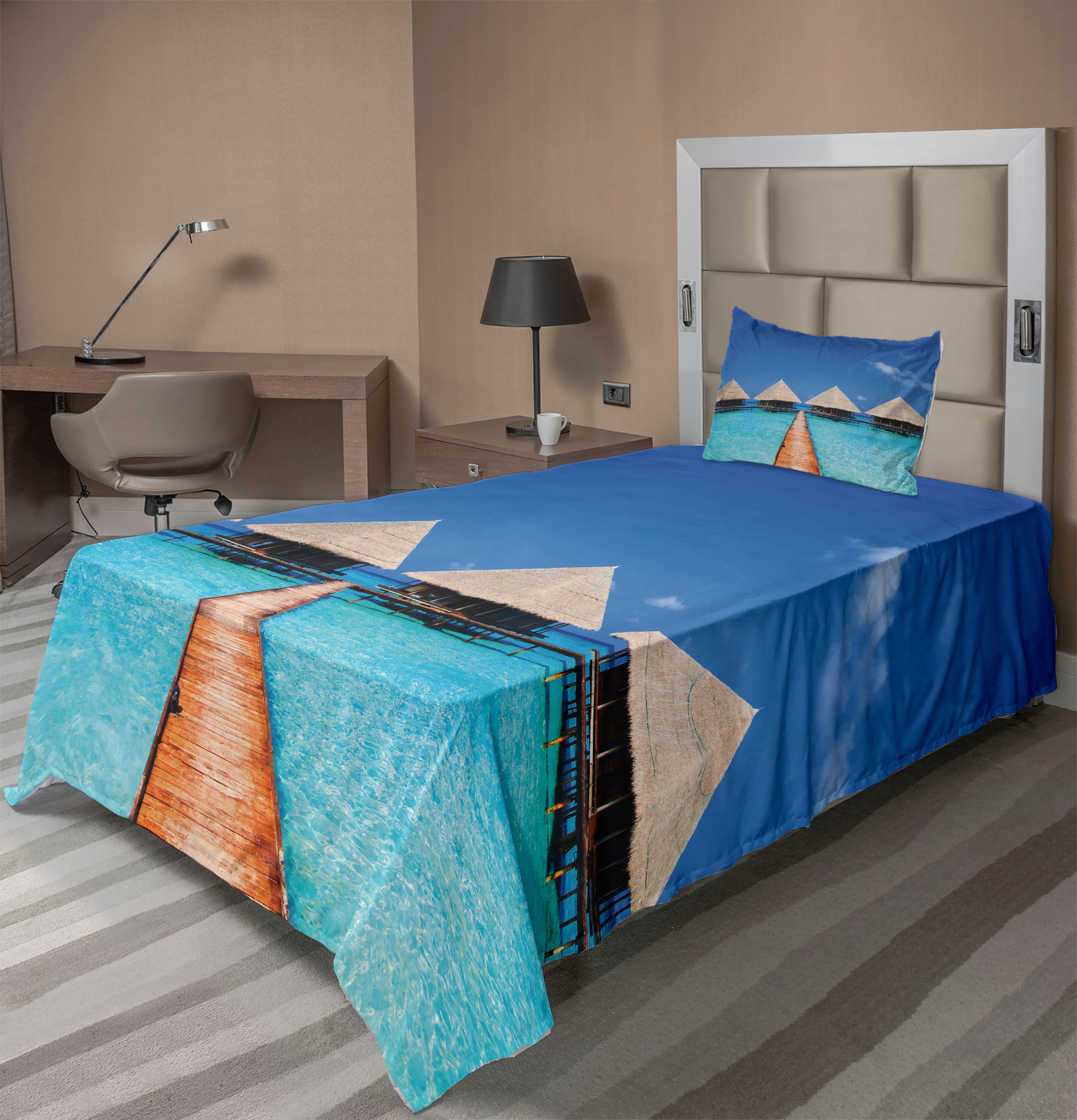 Ambesonne Tropical Fitted & Top Sheet Set with Sham, Maldives Clear ...
