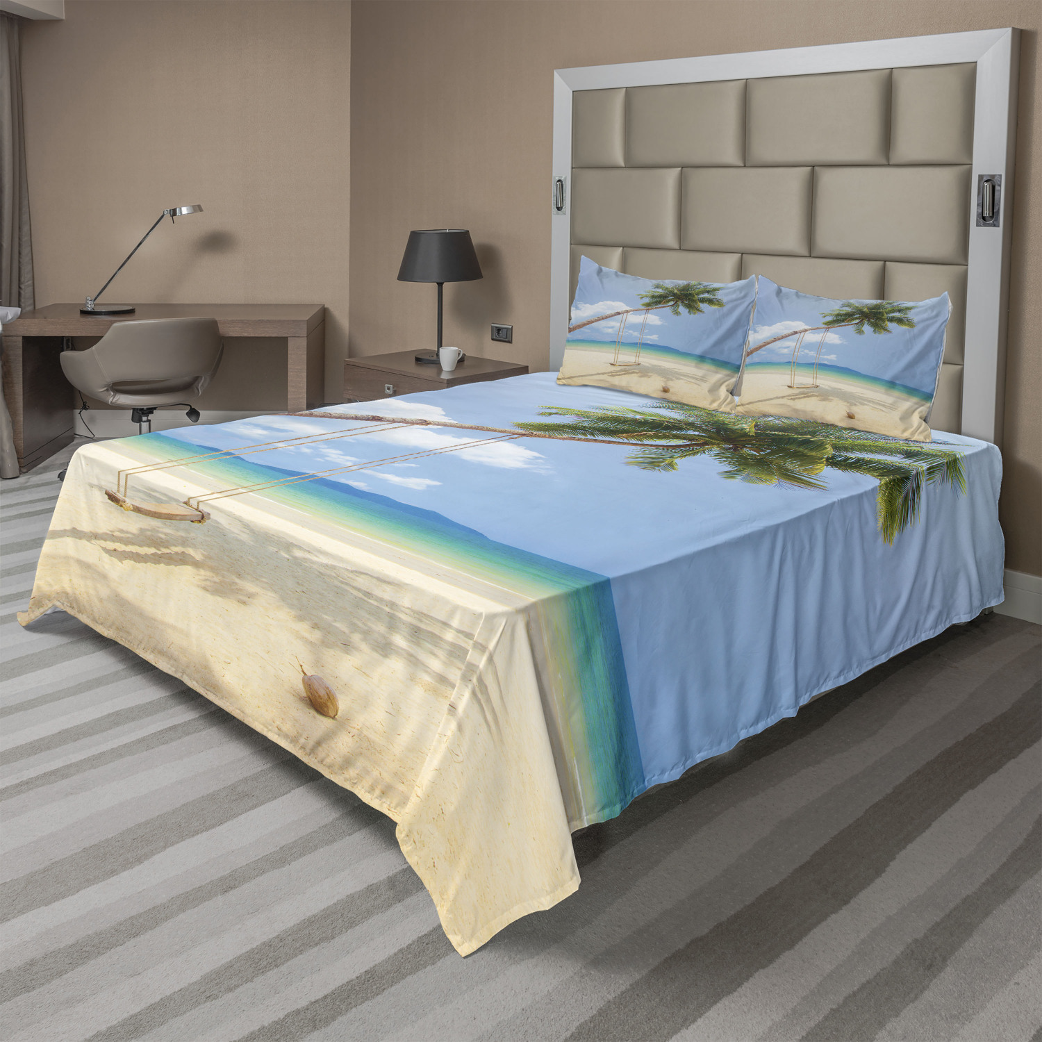 Ambesonne Tropical Fitted & Top Sheet Set with Shams, Coconut Palms ...