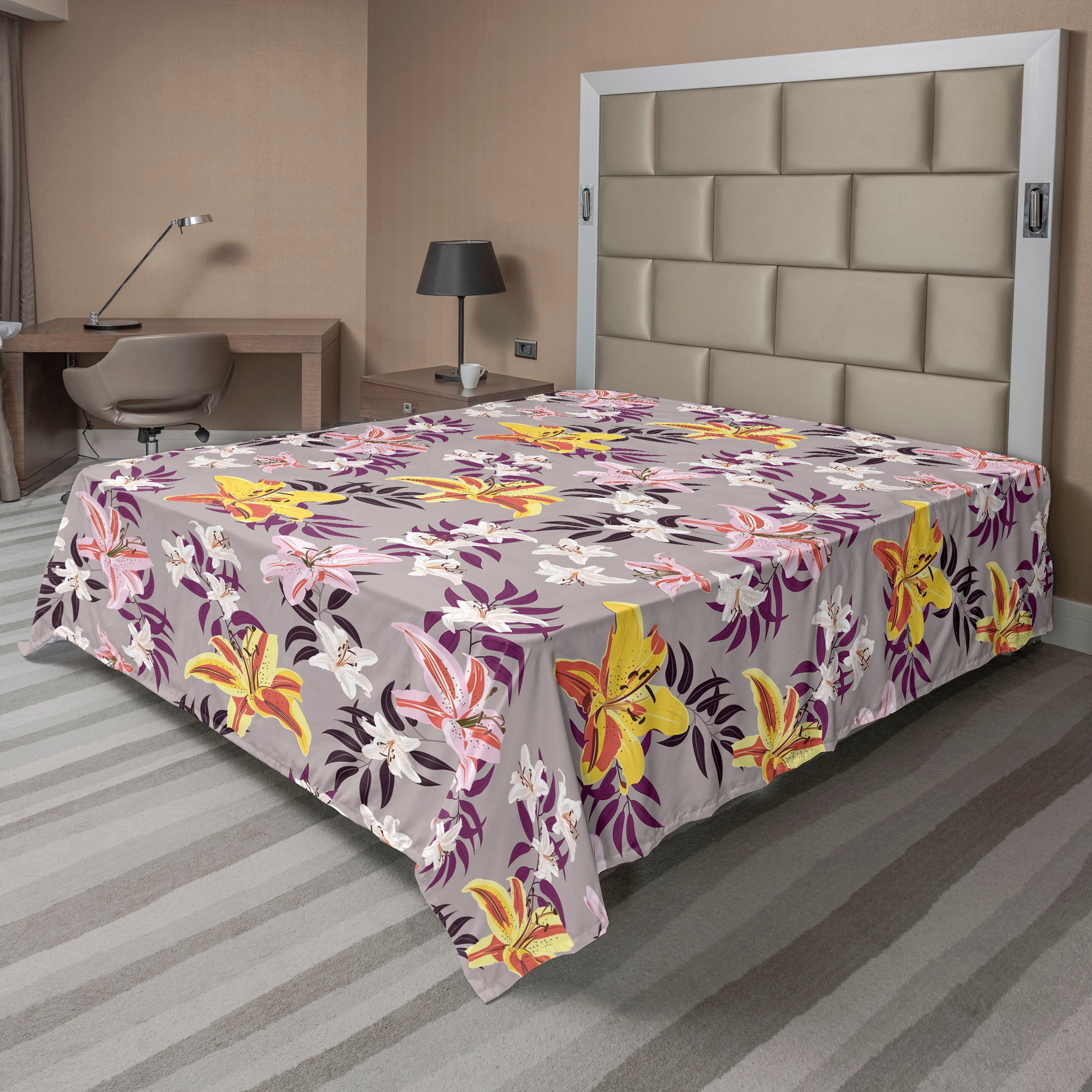 Ambesonne Tropical Flat Bedding Sheet Soft Top Sheet, Yellow Pink White ...