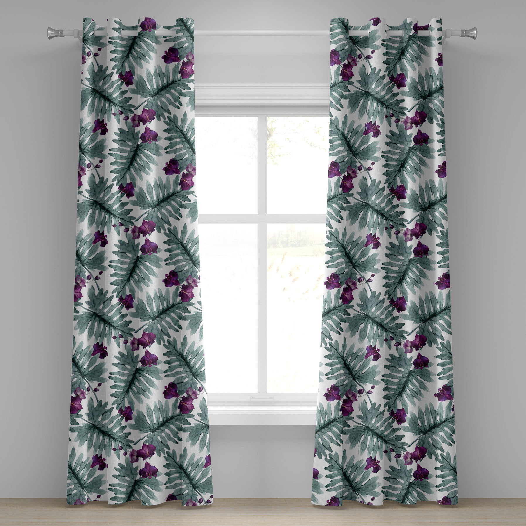 Ambesonne Tropical Grommet Curtain, Leaves Orchid Flowers Art, 50"x120 ...
