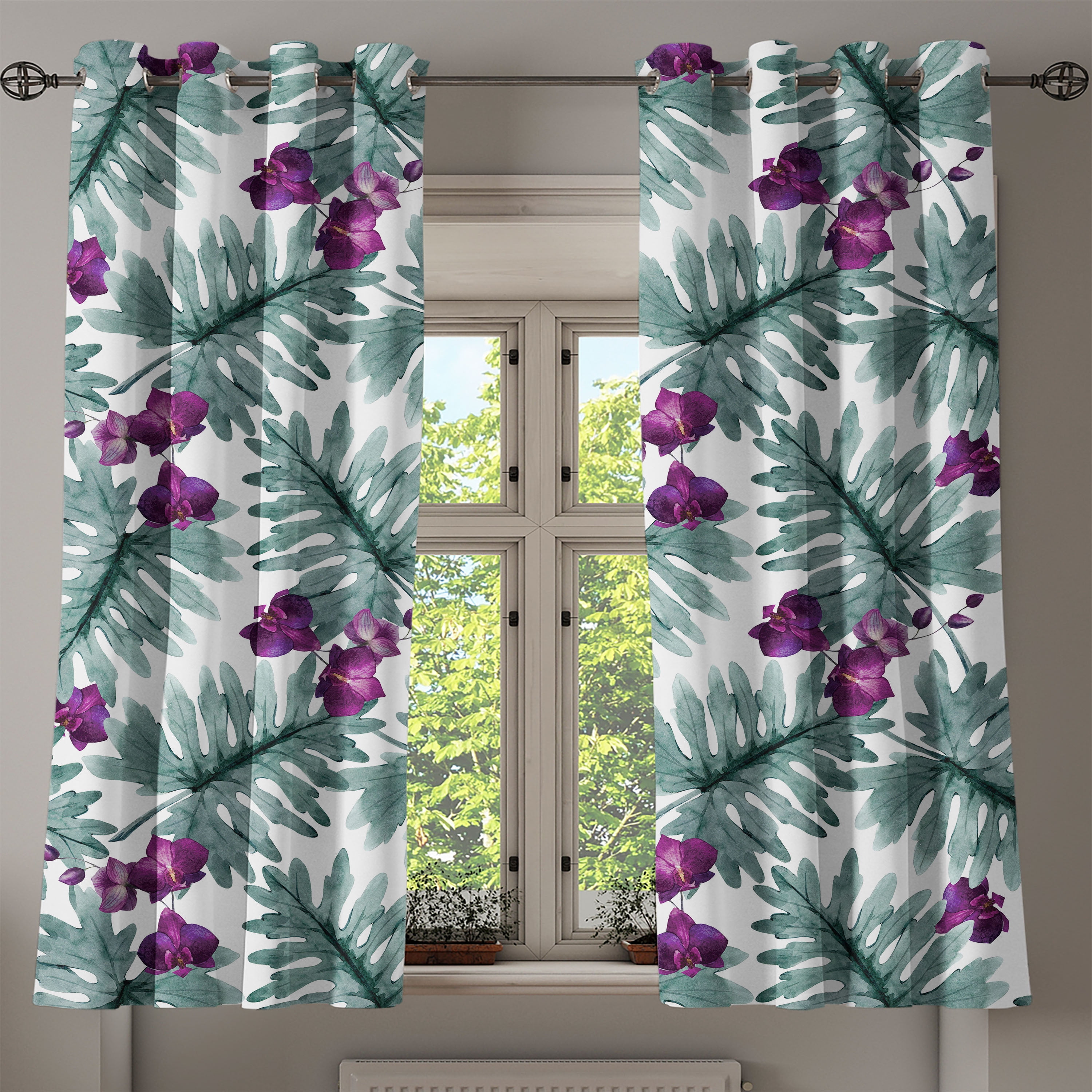 Ambesonne Tropical Grommet Curtain, Leaves Orchid Flowers Art, 50"x60 ...