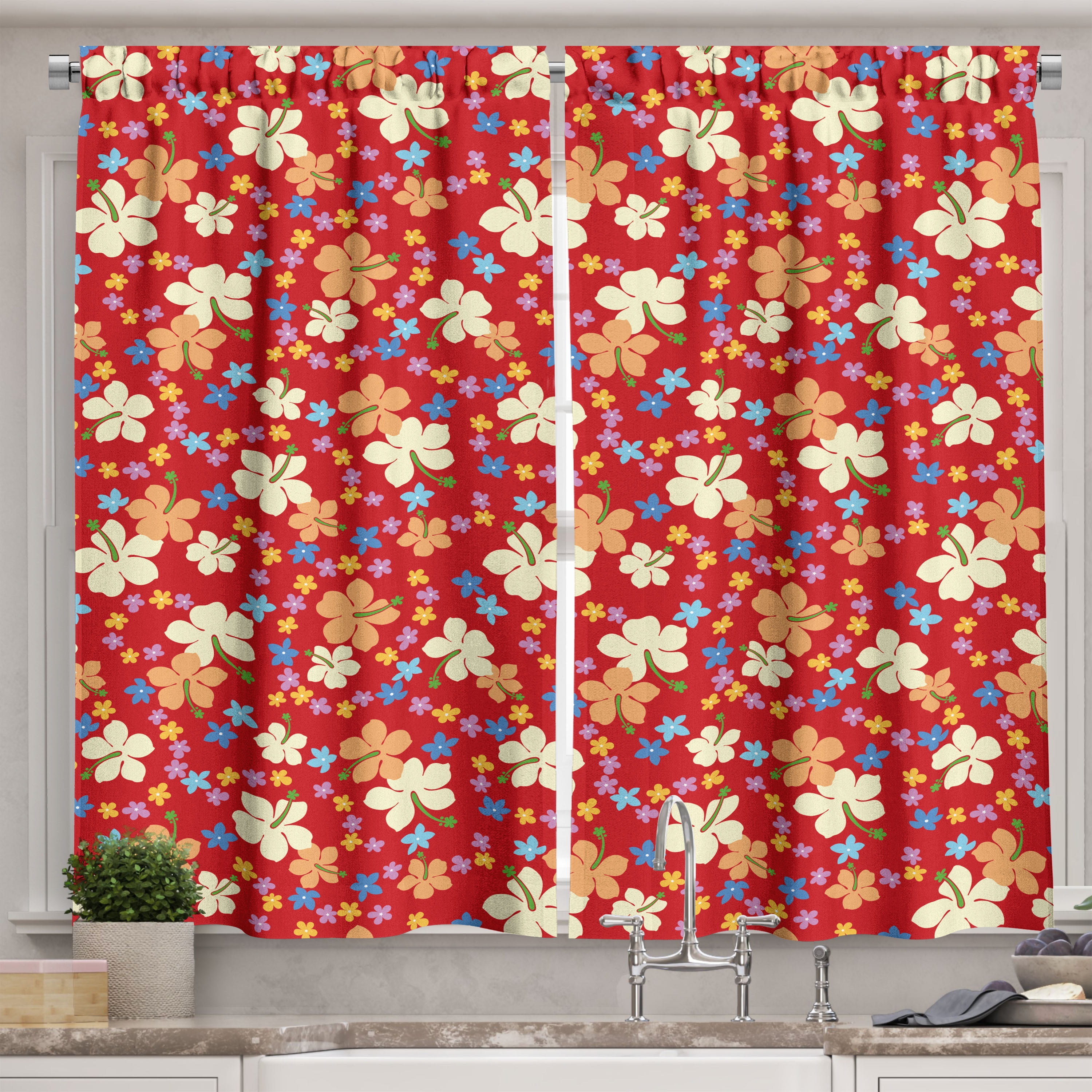 Ambesonne Tropical Kitchen Curtains, Colorful Exotic Hibiscuses, 55"x45 ...