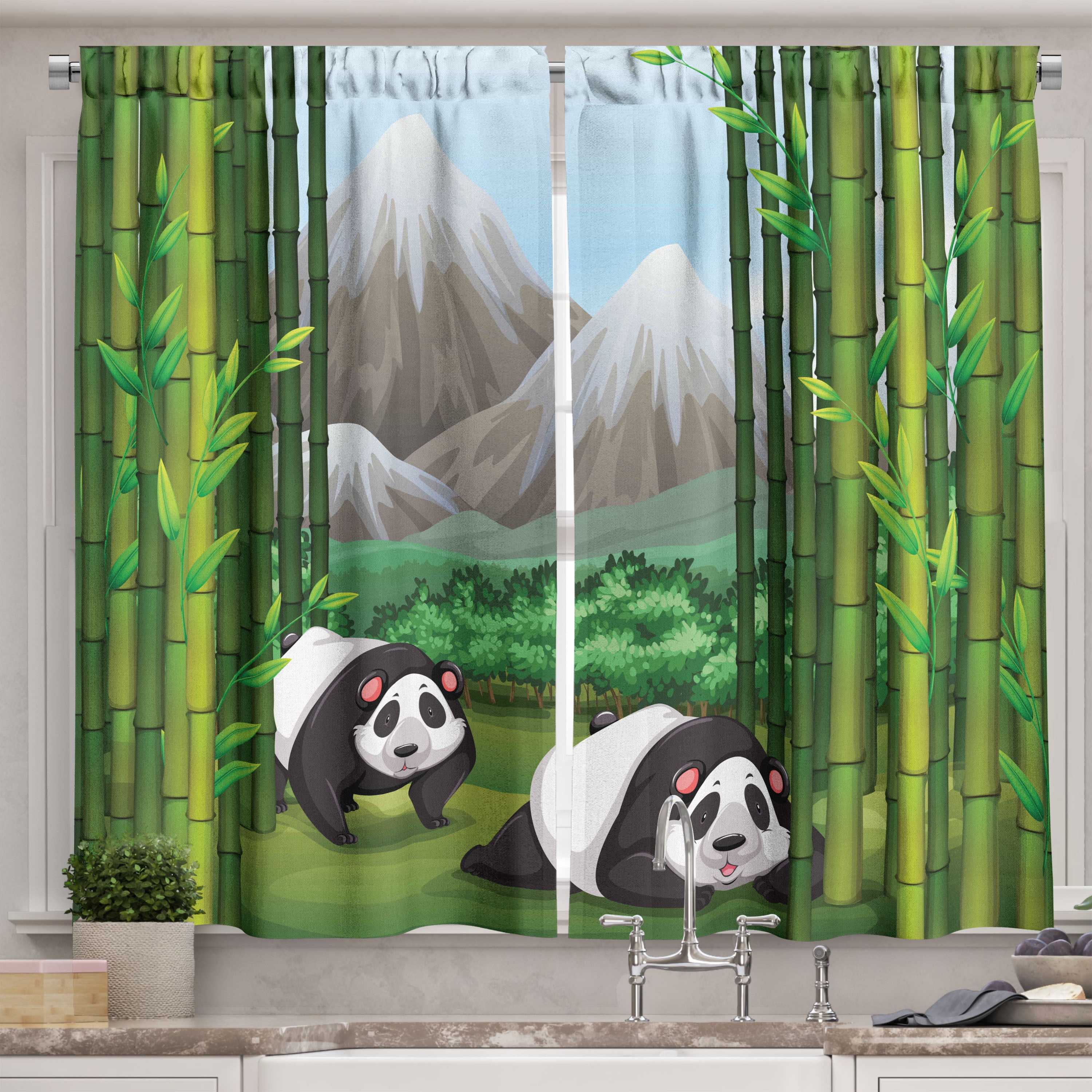 Ambesonne Tropical Kitchen Curtains, Panda Bear Trees Cartoon, 55"x39 ...