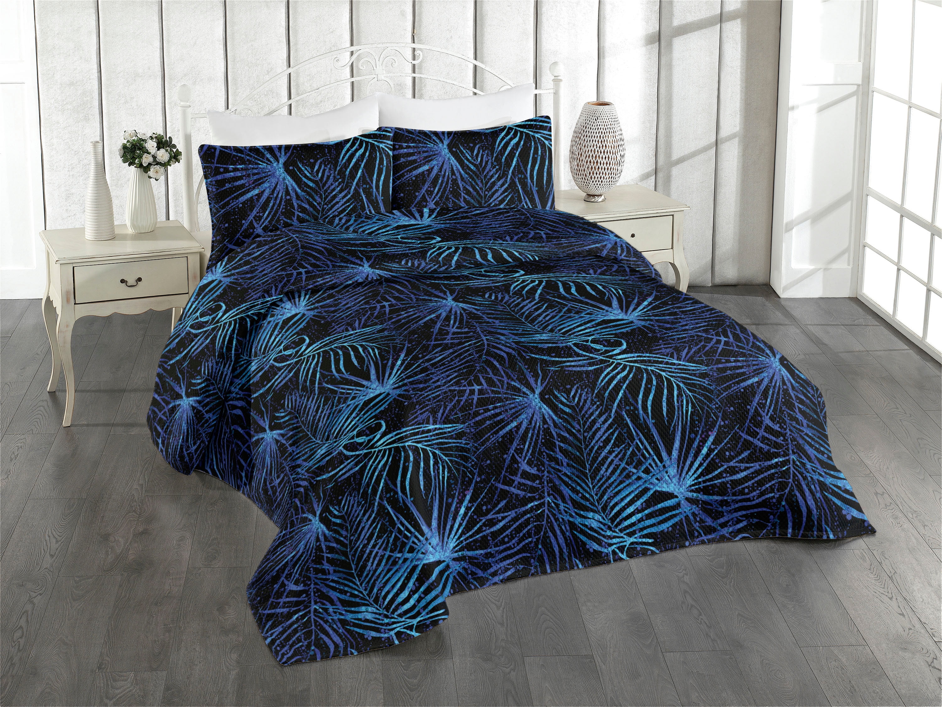 Ambesonne Tropical Leaves Quilted Bedspread Set 3 Pcs, Aquatic Colors ...