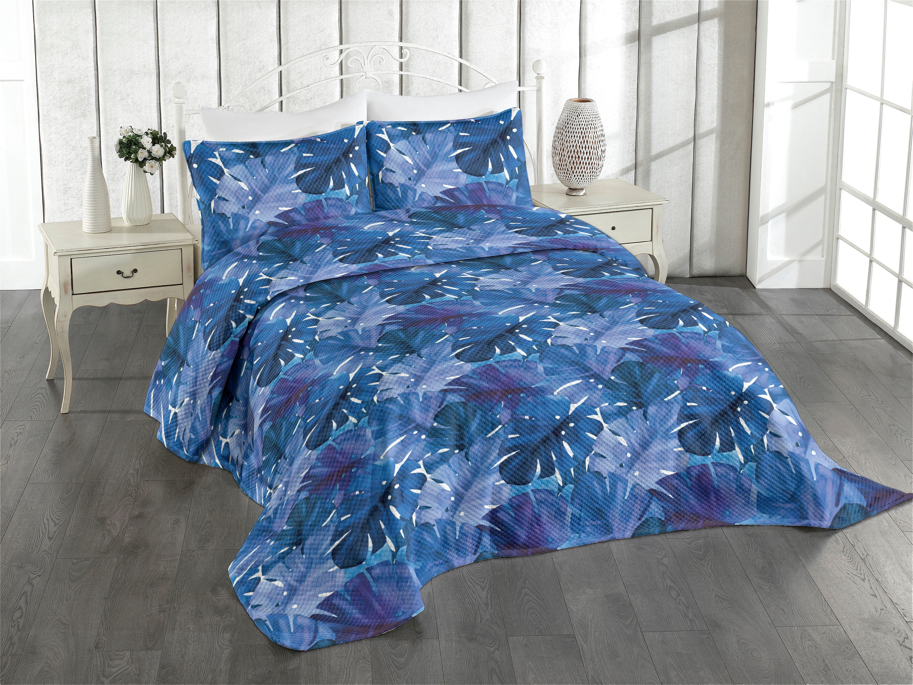 Ambesonne Tropical Leaves Quilted Coverlet 2 Pcs, Art Retro Monstera ...