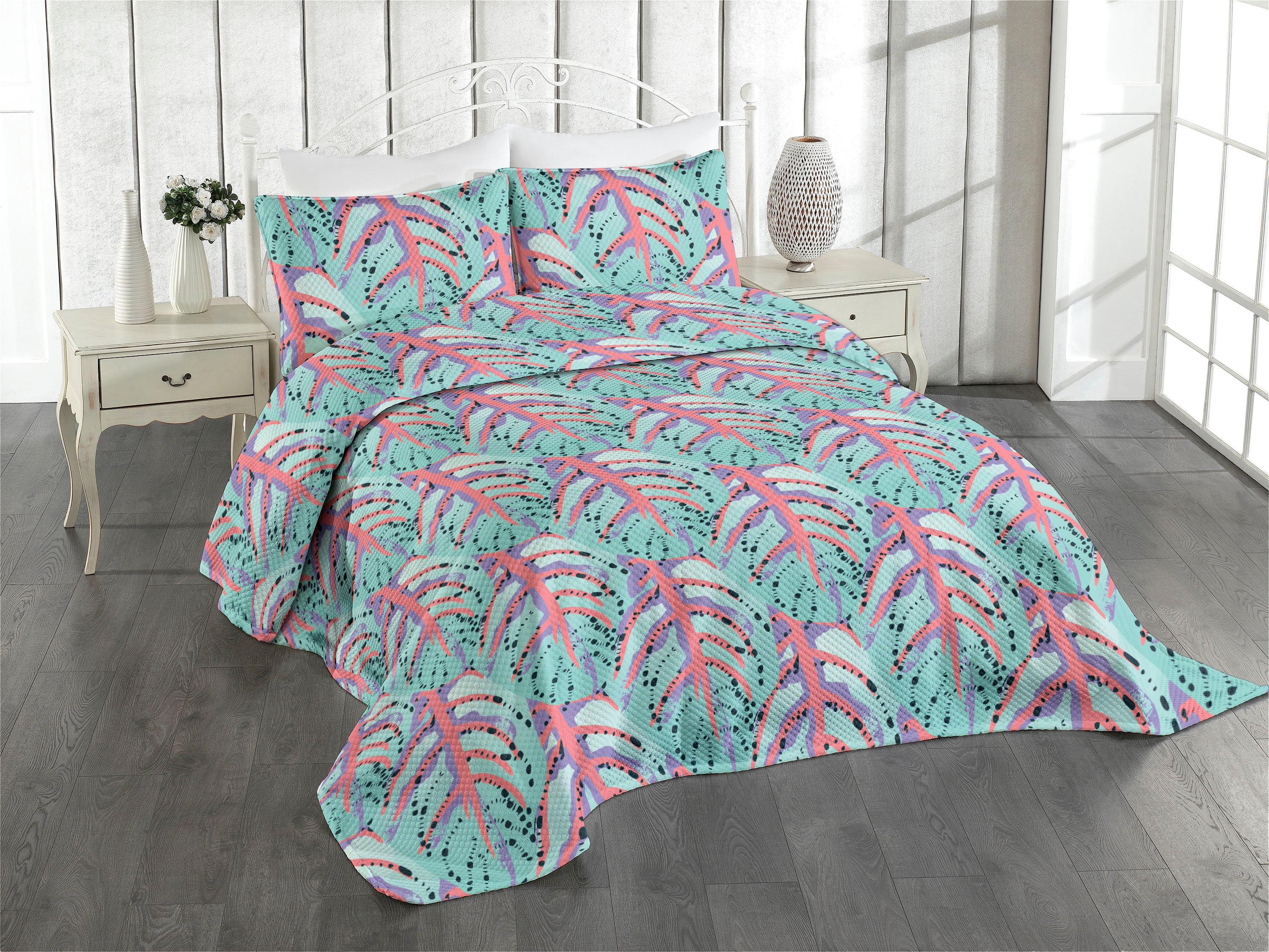 Ambesonne Tropical Leaves Quilted Coverlet 3 Pcs, Modern Exotic Leaf ...