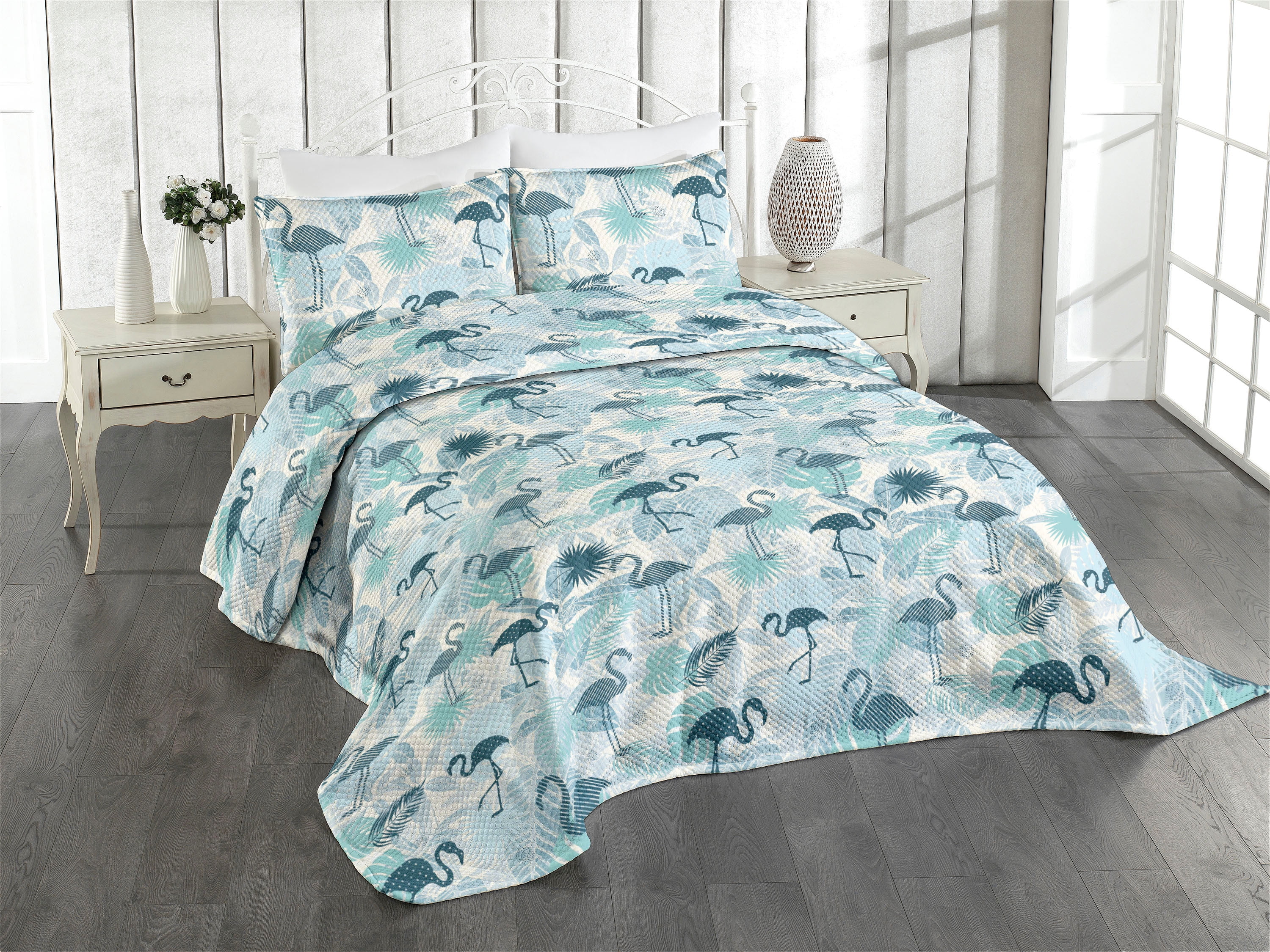 Ambesonne Tropical Nature Quilted Coverlet 2 Pcs, Aloha Art Flamingo ...