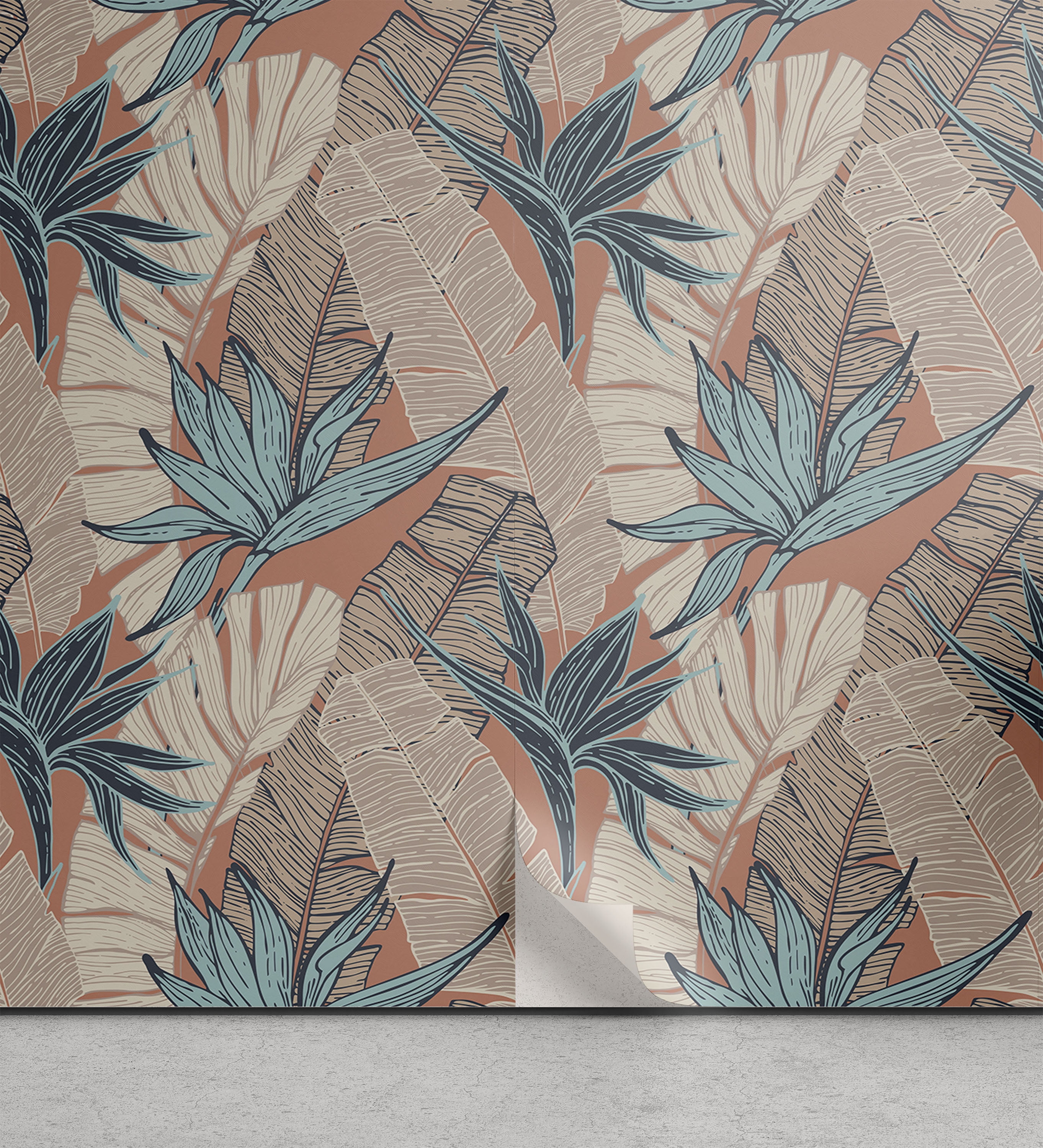 Ambesonne Tropical Peel & Stick Wallpaper for Home, Jungle Leaves Hand-Drawn, 13"x36", Pale Rust ...