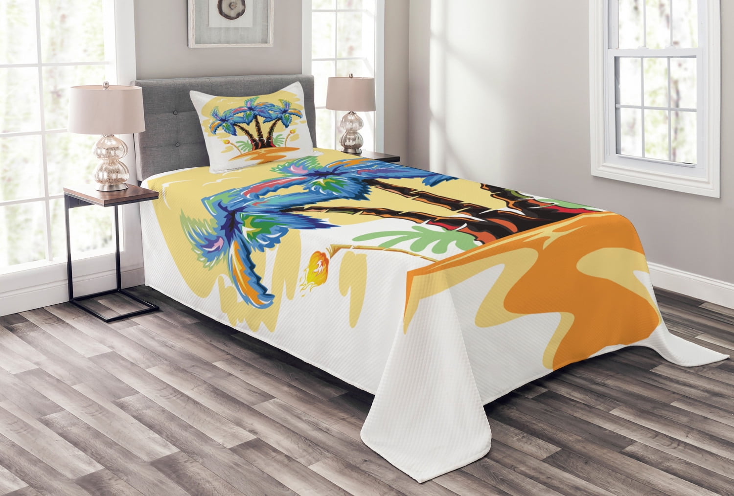 Ambesonne Tropical Quilted Bedspread Set 2 Pcs, Cartoon Island Sunset ...