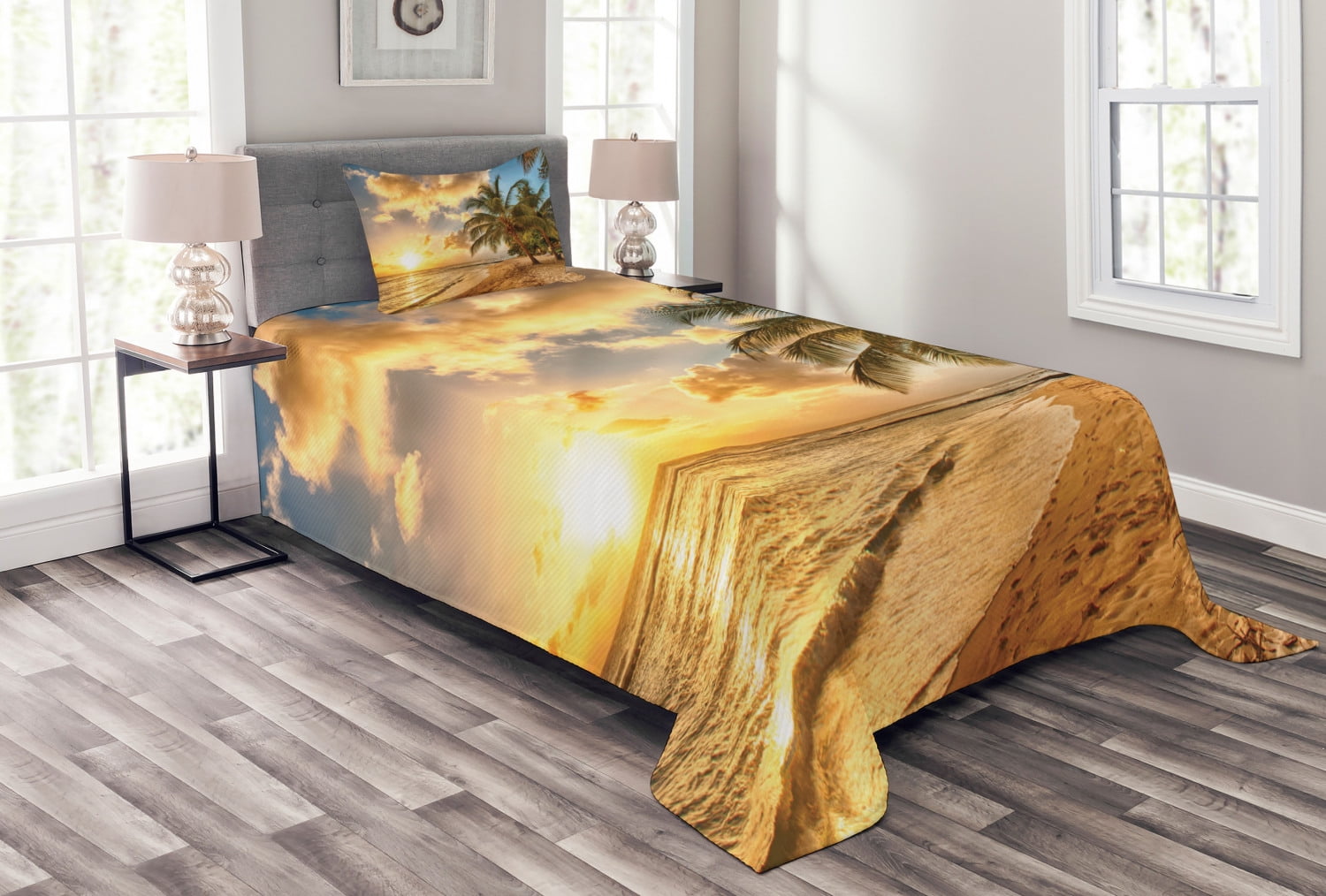 Ambesonne Tropical Quilted Bedspread Set 2 Pcs, Exotic Sandy Beach ...