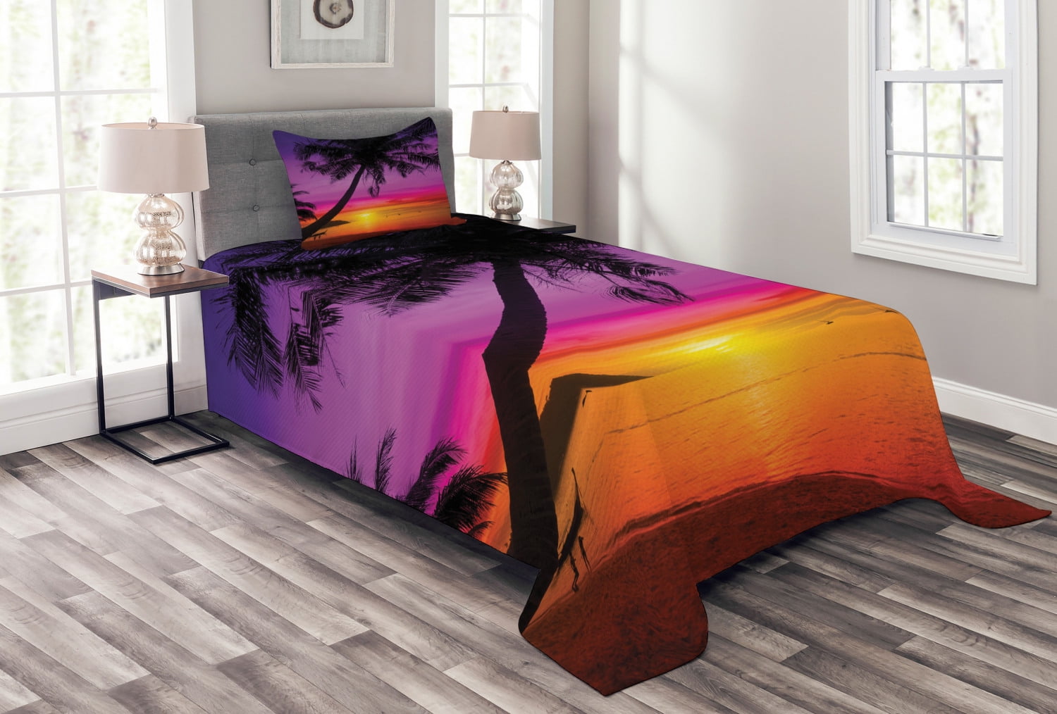 Ambesonne Tropical Quilted Bedspread Set 2 Pcs, Palm Shadow at Sunset ...