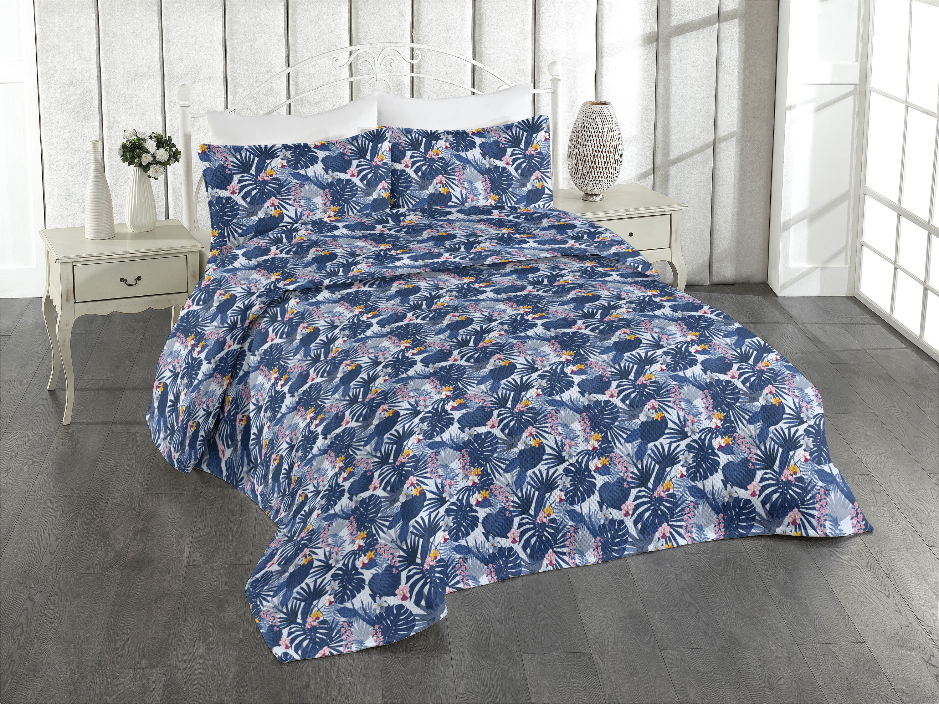 Ambesonne Tropical Quilted Bedspread Set 3 Pcs, Boho Design Monstera ...