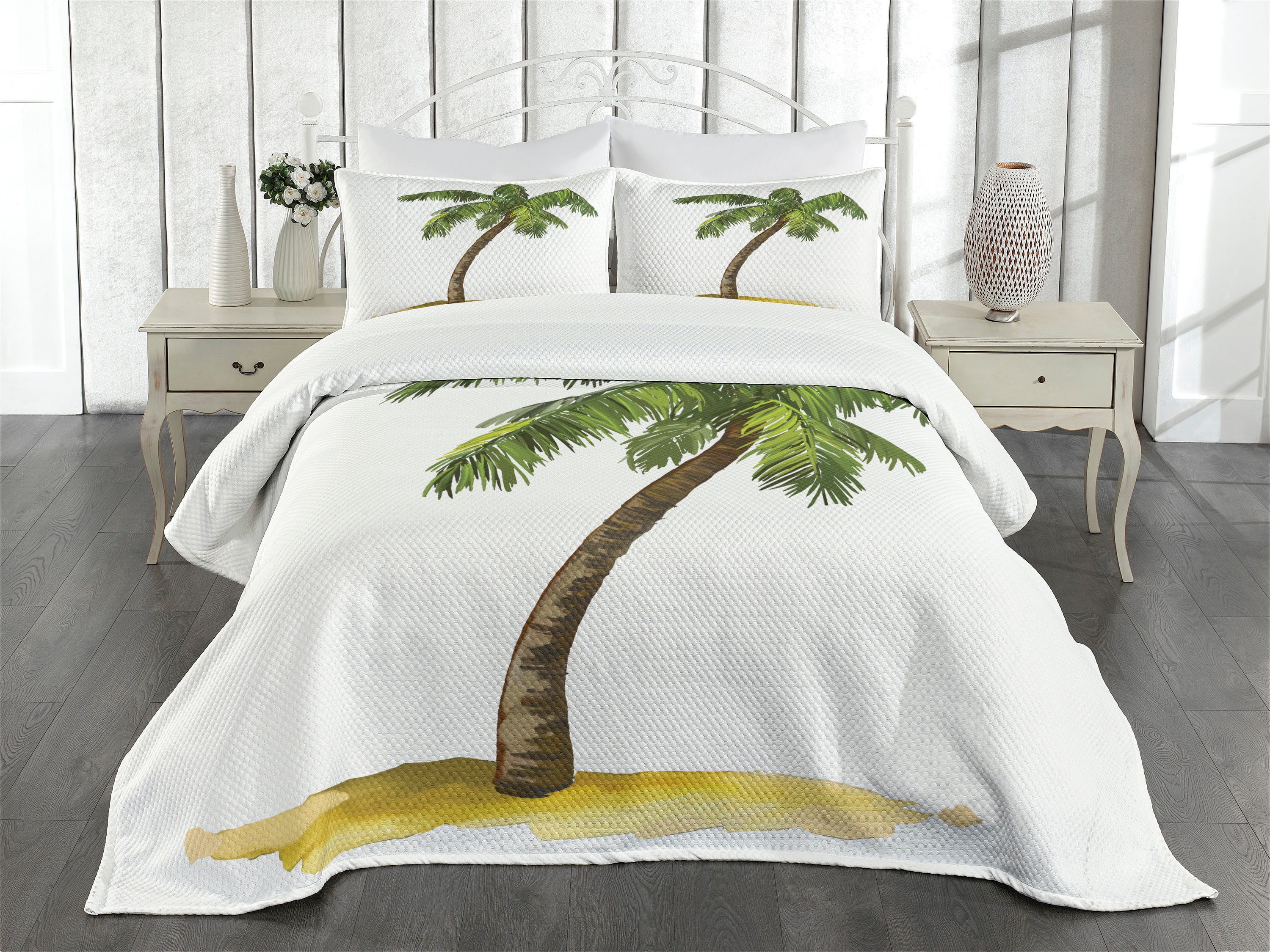 Ambesonne Tropical Quilted Bedspread Set 3 Pcs, Cartoon Palm Trees ...
