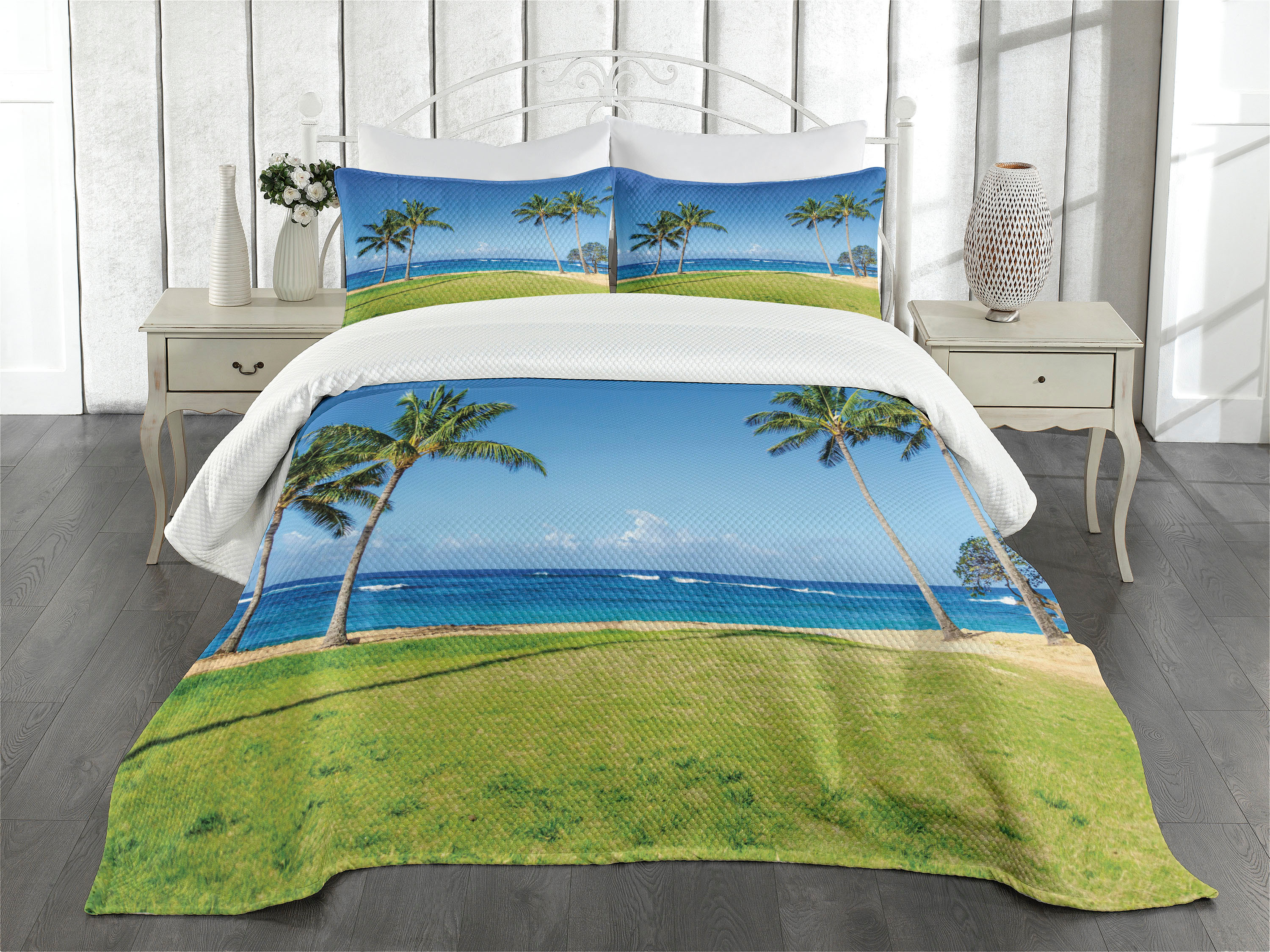 Ambesonne Tropical Quilted Bedspread Set 3 Pcs, Coconut Palm Hawaii, Queen Size, Blue Green ...