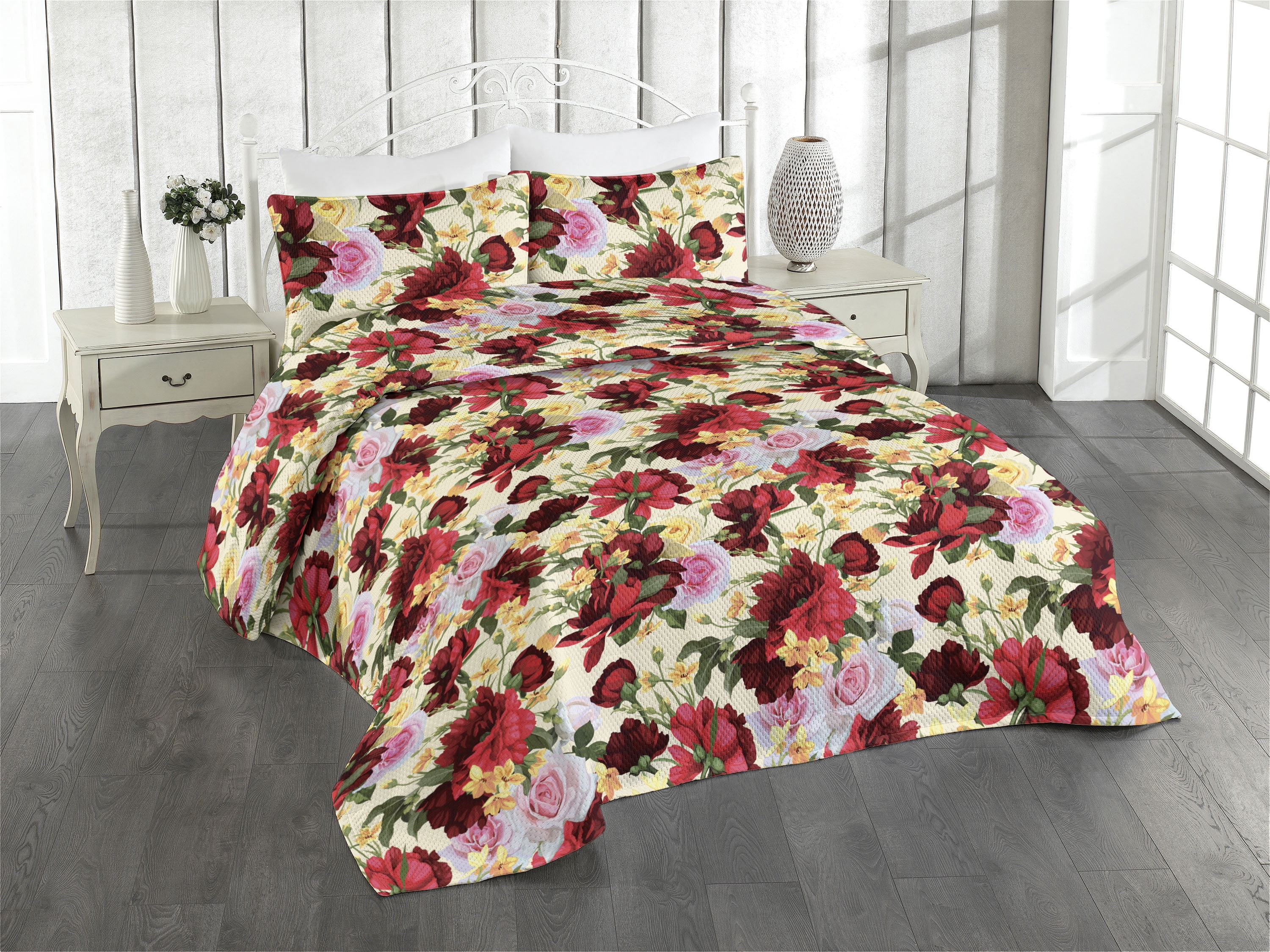 Ambesonne Tropical Quilted Bedspread Set 3 Pcs, Colorful Abstract Roses ...