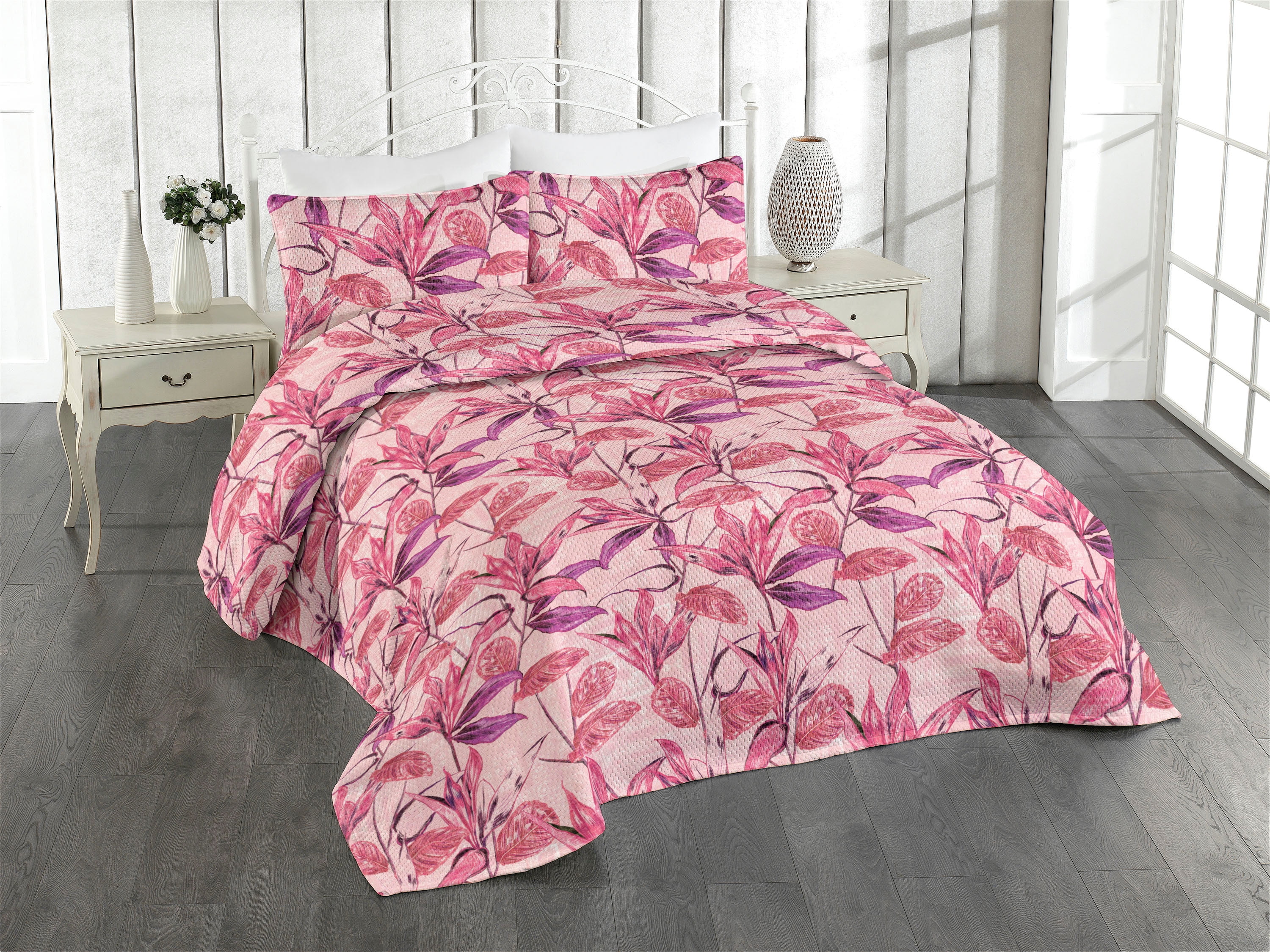 Ambesonne Tropical Quilted Bedspread Set 3 Pcs, Dreamy Exotic Leaves ...