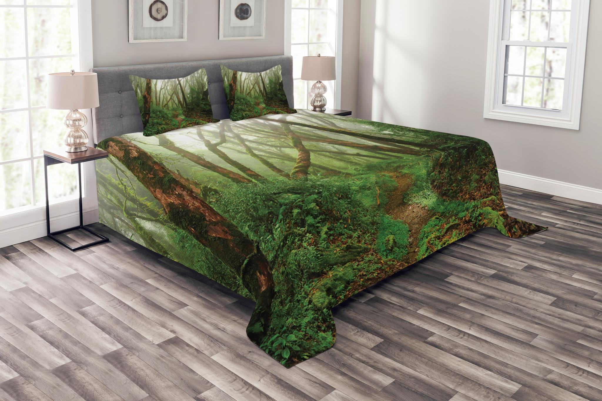 Ambesonne Tropical Quilted Bedspread Set 3 Pcs, Exotic Jungle Forest ...