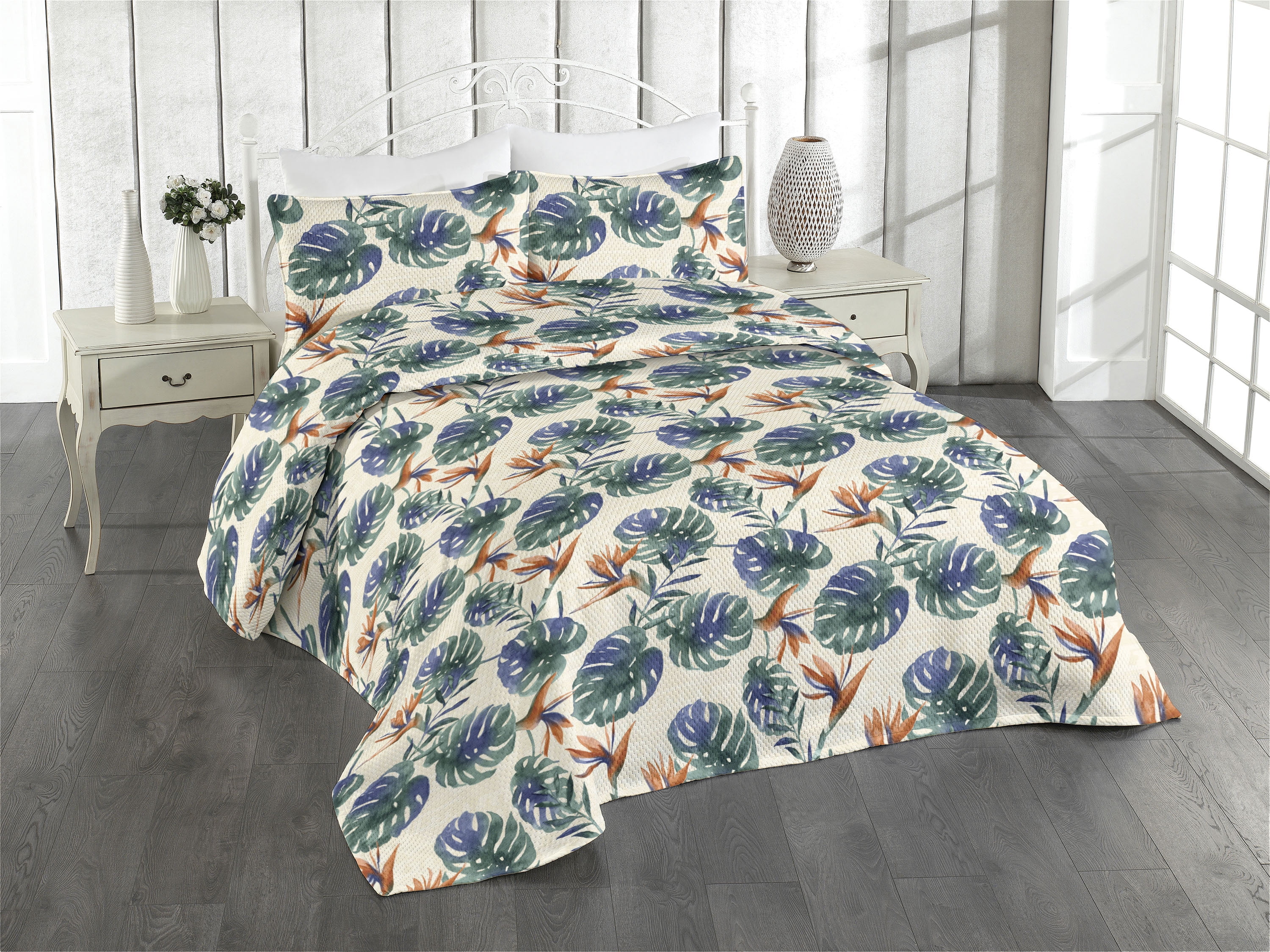 Ambesonne Tropical Quilted Bedspread Set 3 Pcs, Exotic Watercolor ...