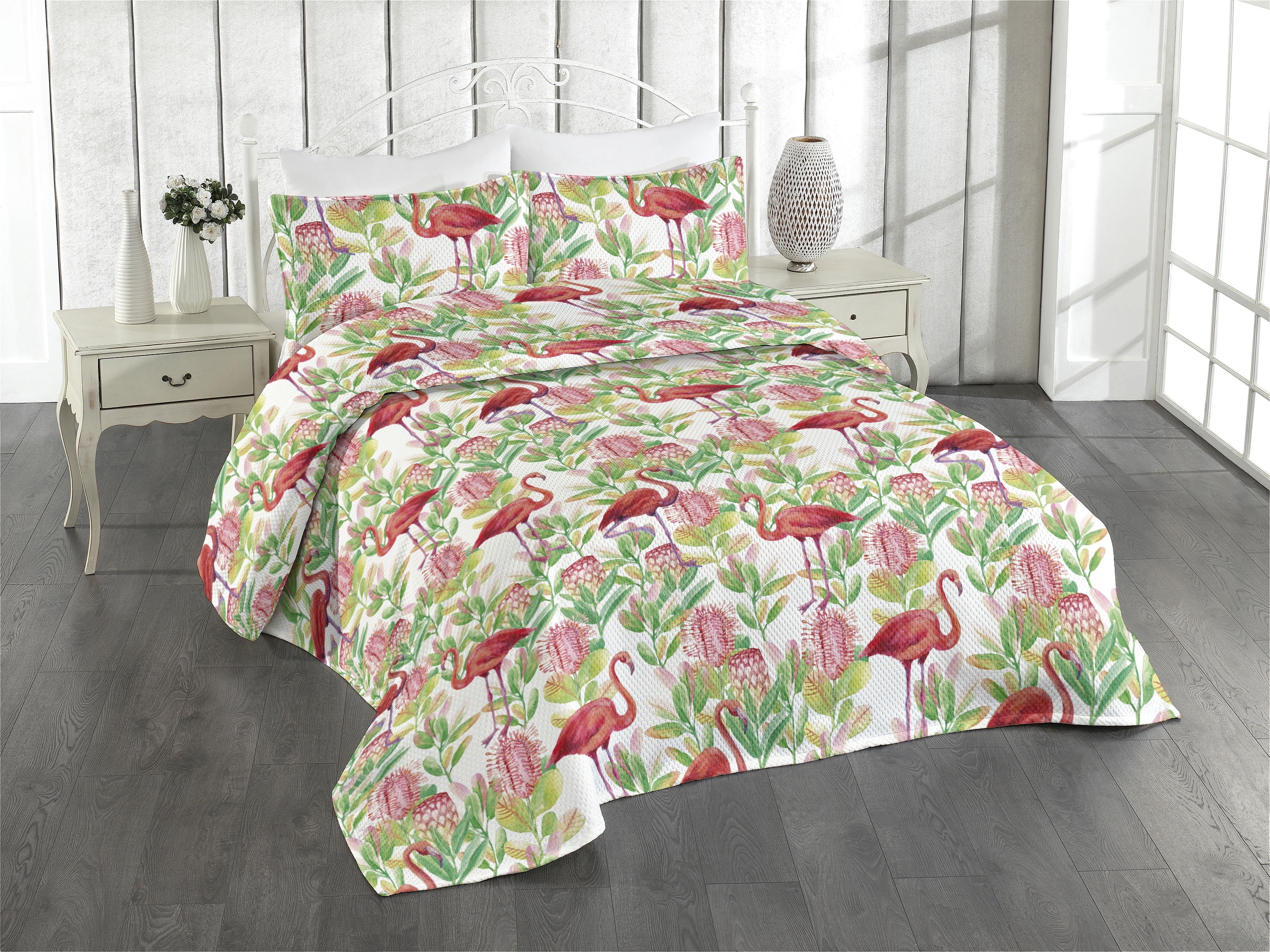 Ambesonne Tropical Quilted Bedspread Set 3 Pcs, Flamingo Exotics Print ...