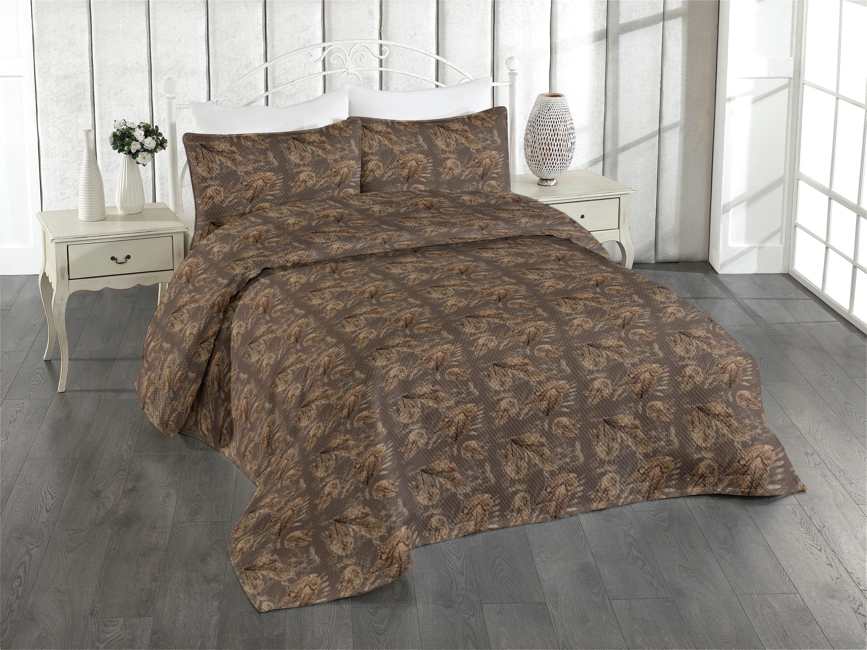 Ambesonne Tropical Quilted Bedspread Set 3 Pcs, Grunge Leaf Sketch ...