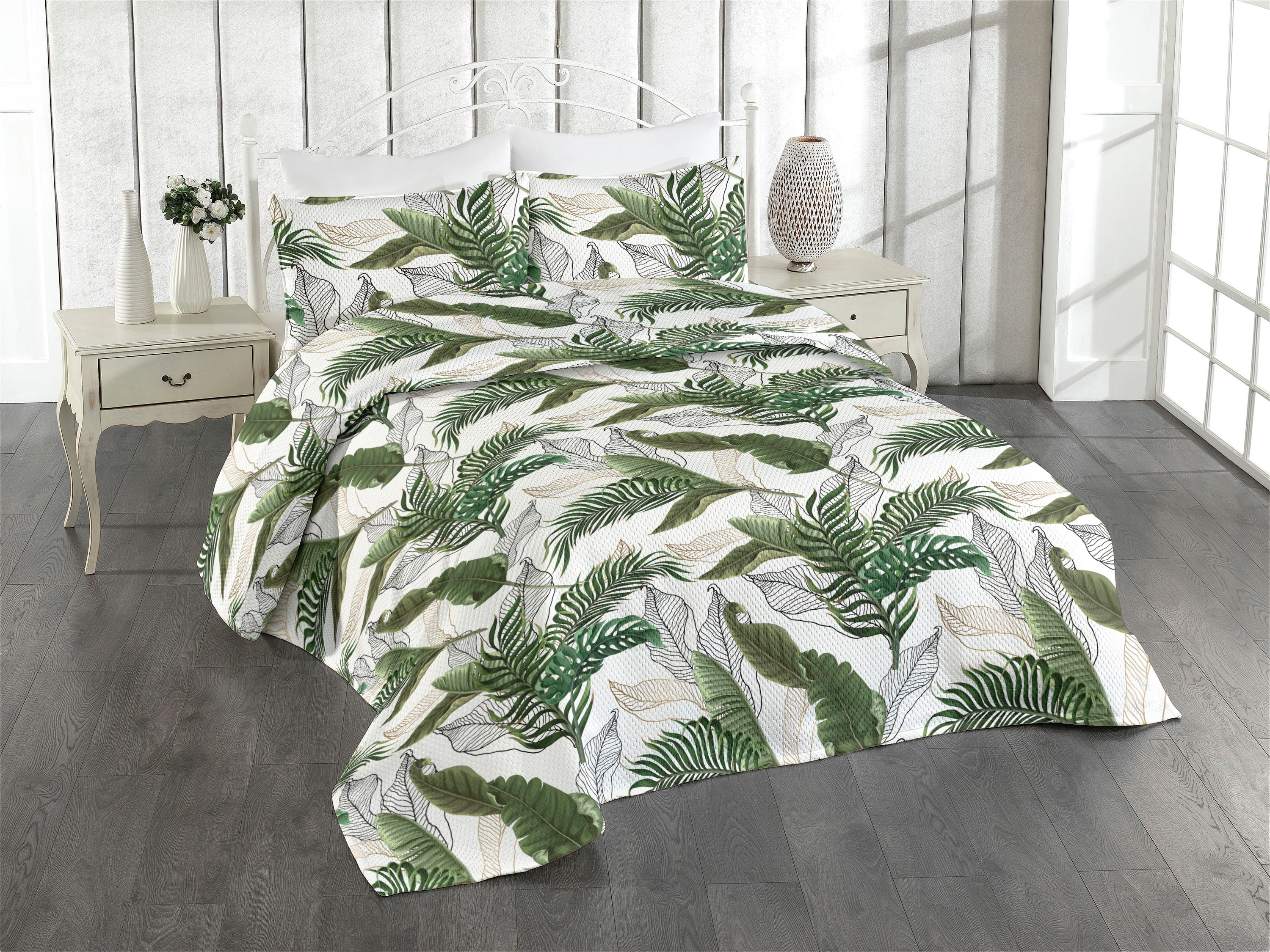 Ambesonne Tropical Quilted Bedspread Set 3 Pcs, Hawaii Exotic Palm ...