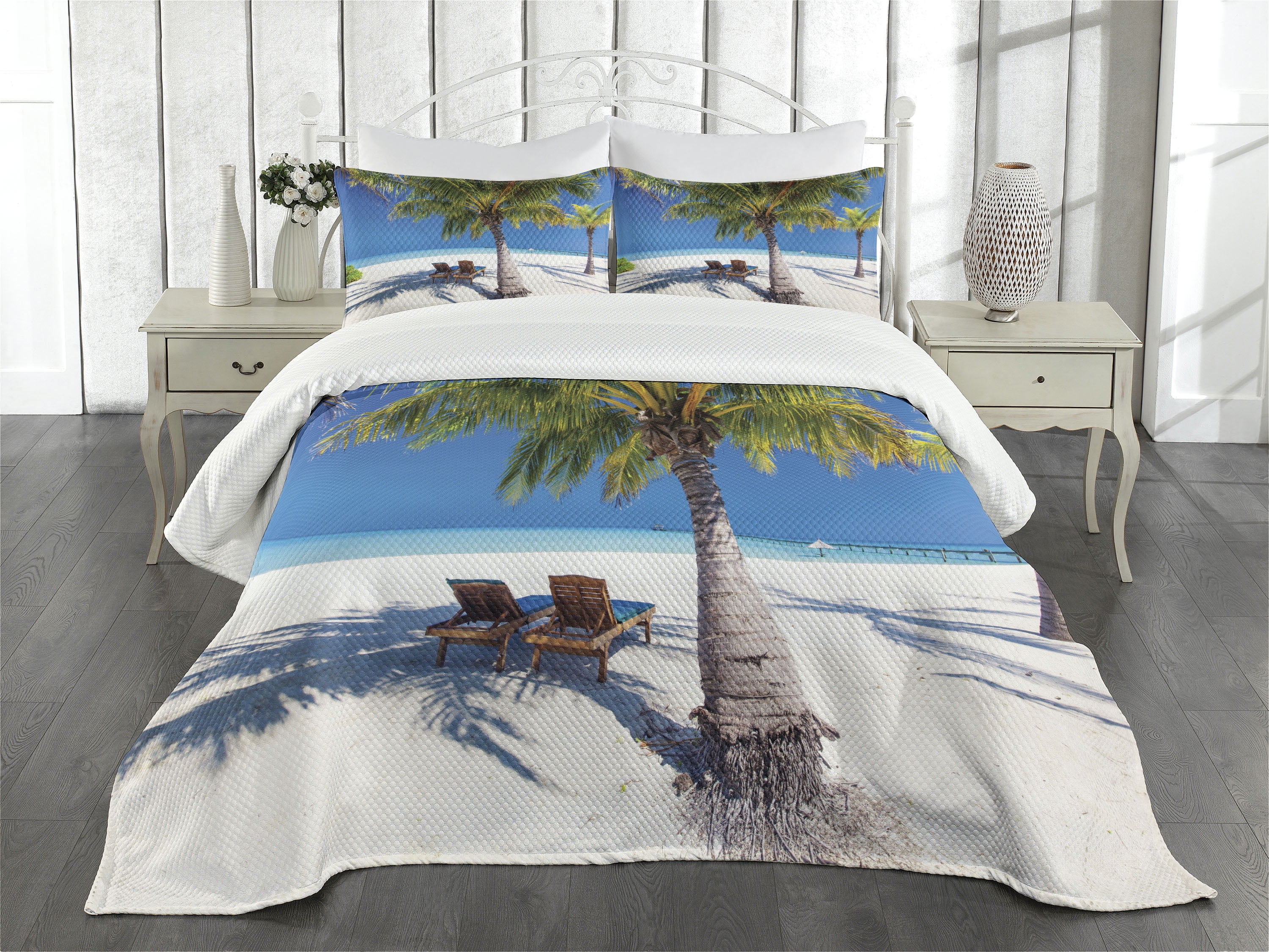 Ambesonne Tropical Quilted Bedspread Set 3 Pcs, Island Palms Sunbeds ...