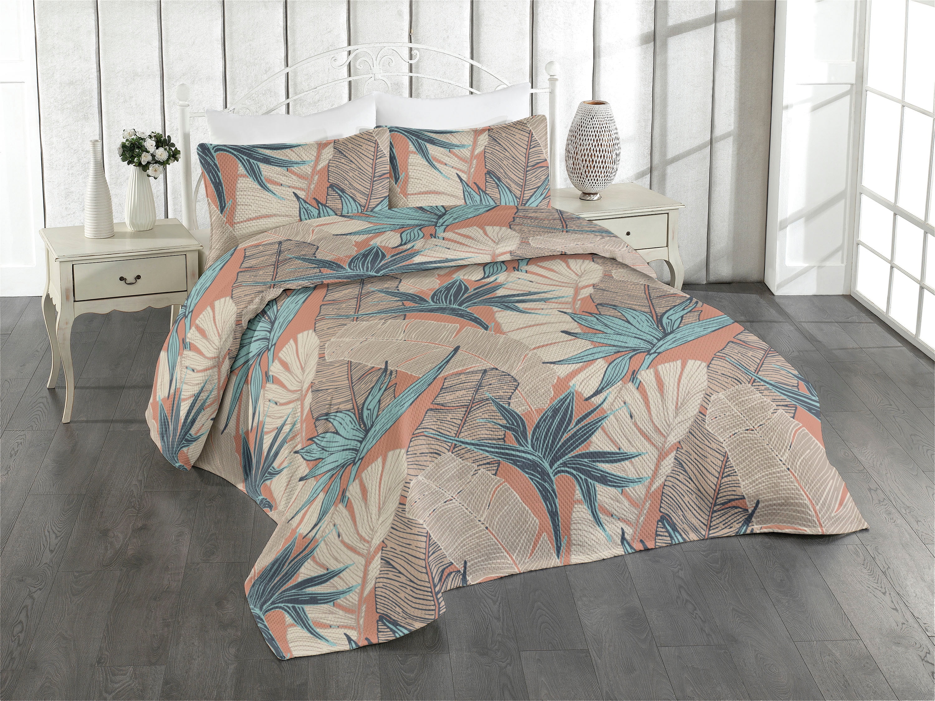 Ambesonne Tropical Quilted Bedspread Set 3 Pcs, Jungle Leaves Hand ...