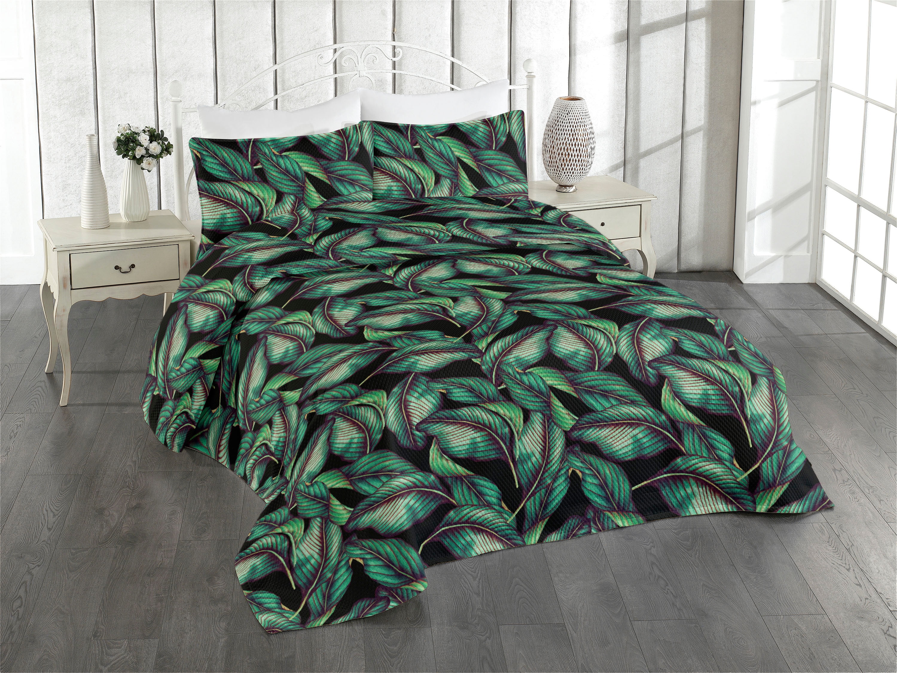 Ambesonne Tropical Quilted Bedspread Set 3 Pcs, Leaves Monochrome Back ...