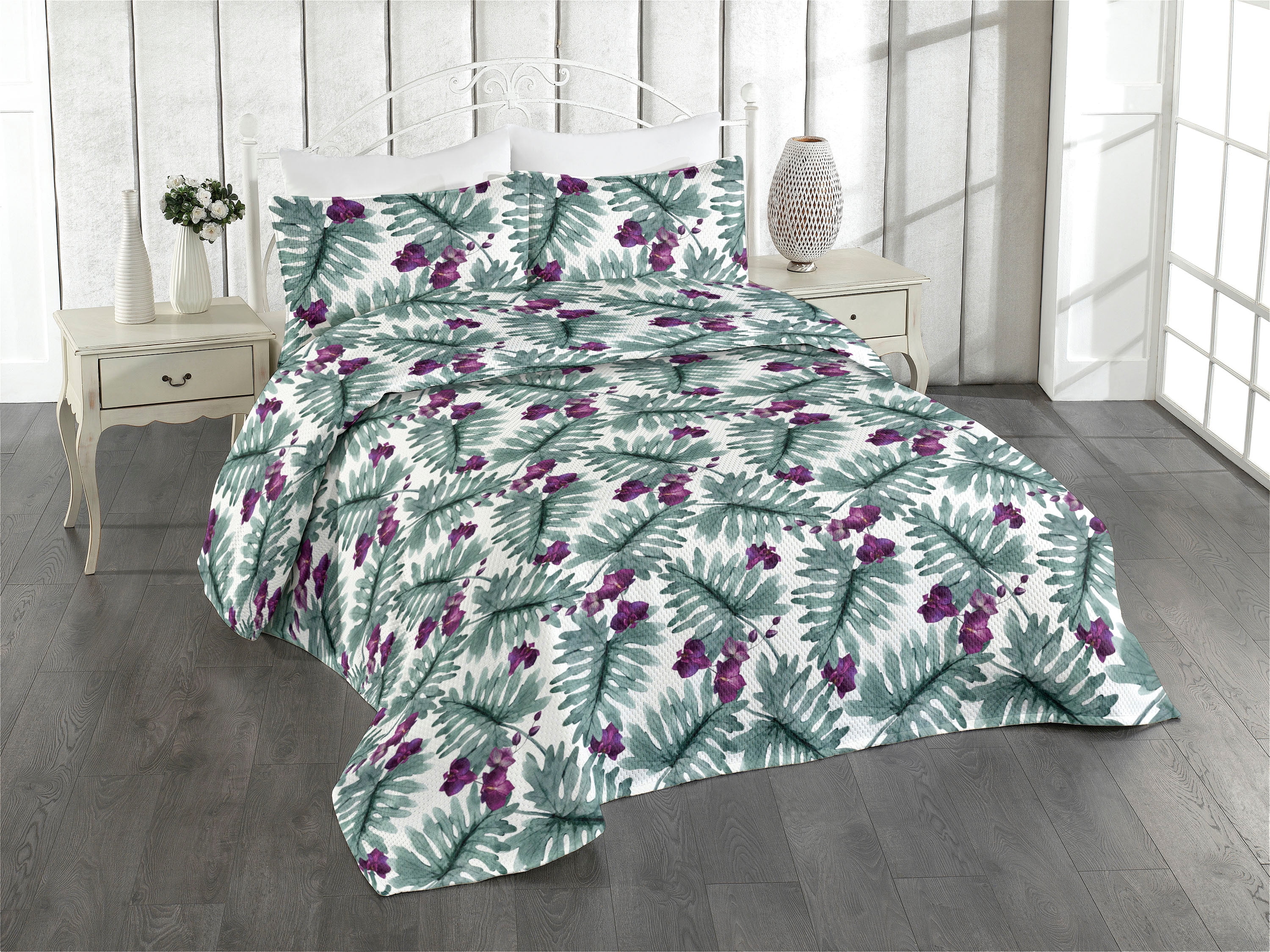 Ambesonne Tropical Quilted Bedspread Set 3 Pcs, Leaves Orchid Flowers ...