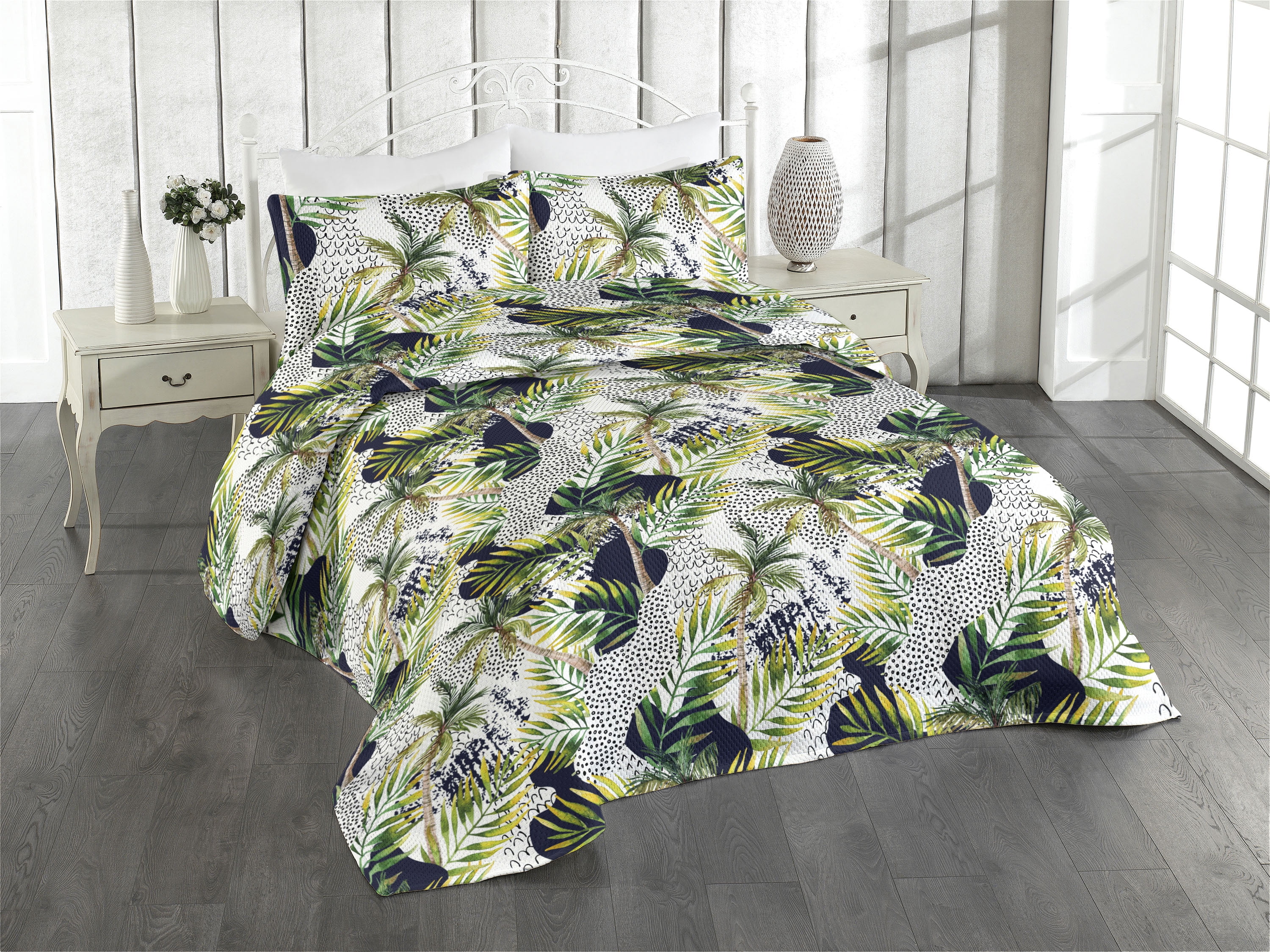 Ambesonne Tropical Quilted Bedspread Set 3 Pcs, Modern Leafy Abstract ...