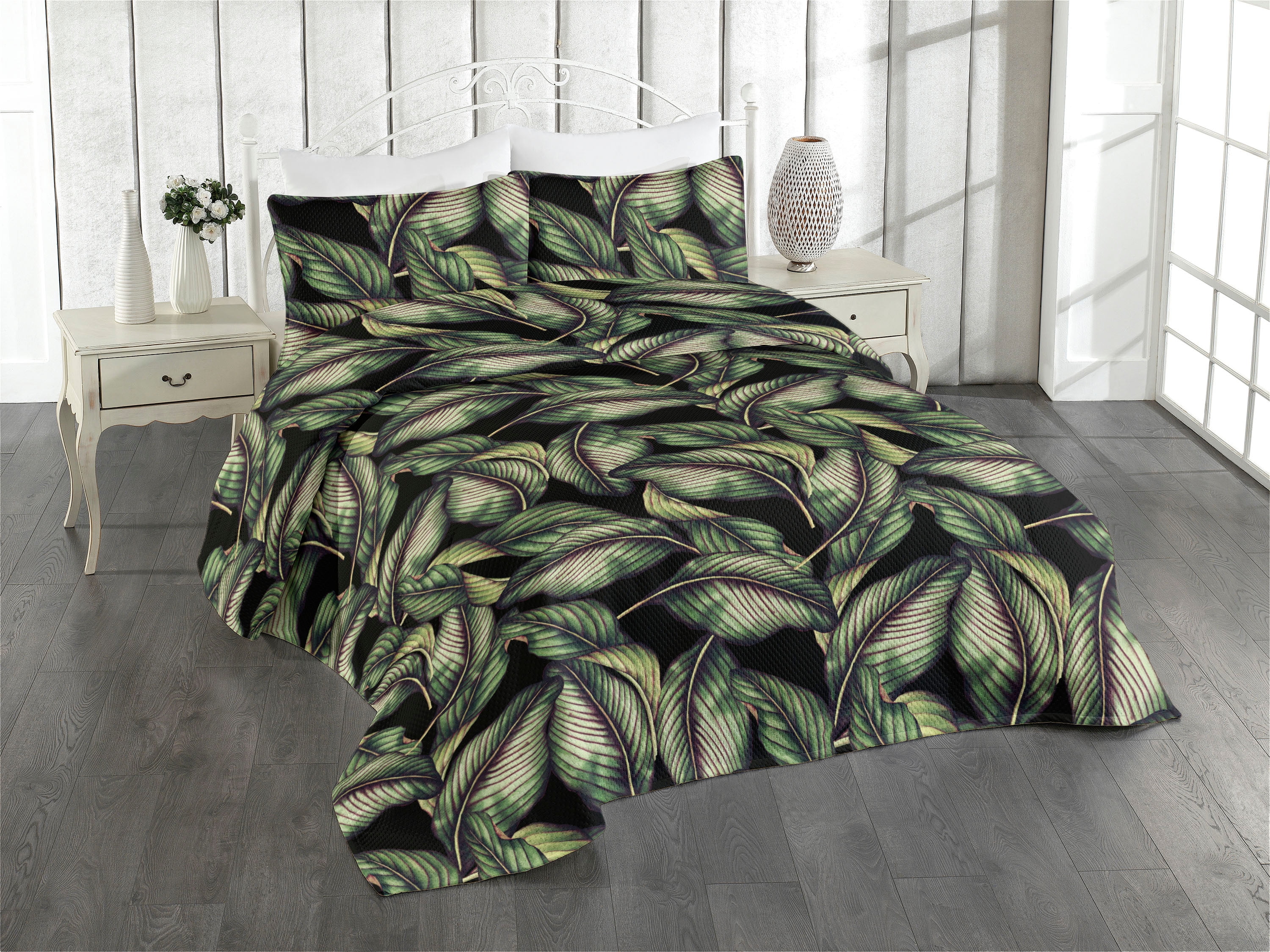 Ambesonne Tropical Quilted Bedspread Set 3 Pcs, Palm Foliage Overlapped ...