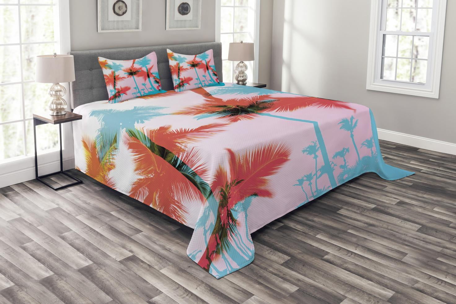 Ambesonne Tropical Quilted Bedspread Set 3 Pcs, Palm Tree Silhouettes ...