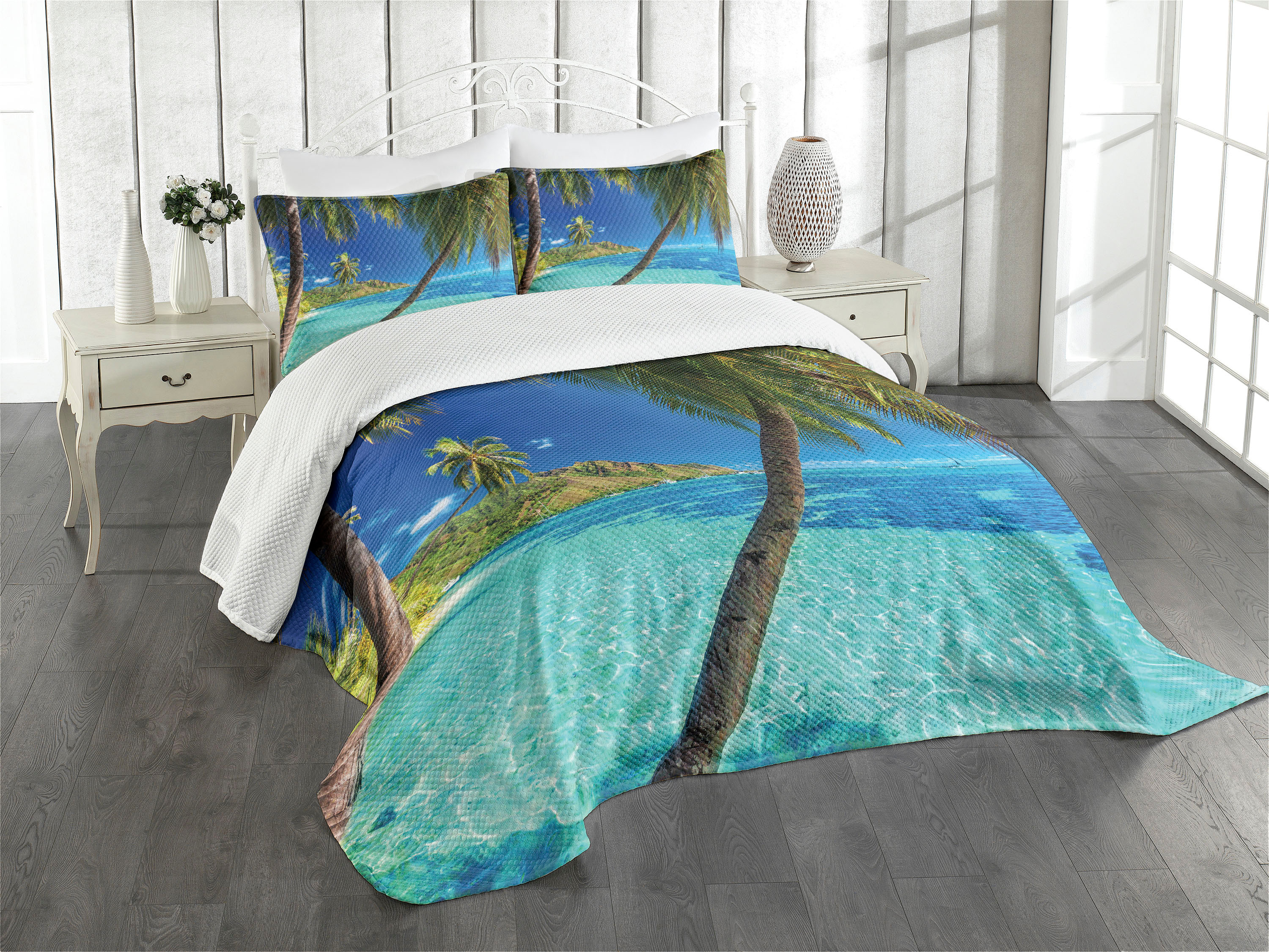 Ambesonne Tropical Quilted Bedspread Set 3 Pcs, Palm Trees Sea Beach ...
