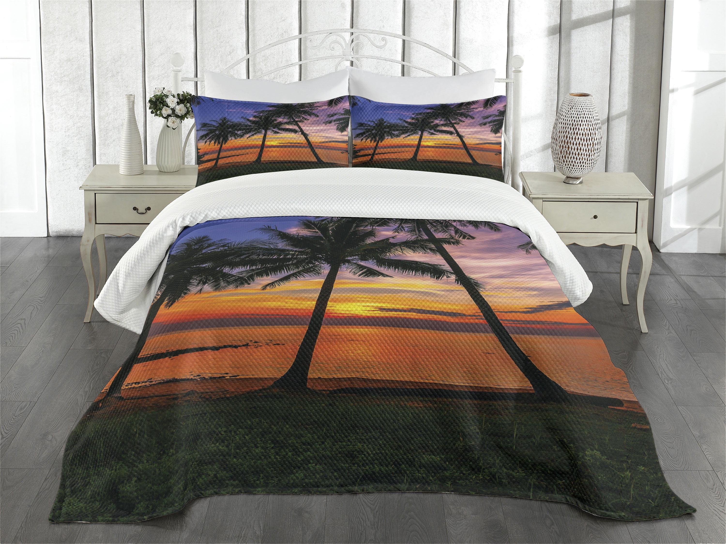 Ambesonne Tropical Quilted Bedspread Set 3 Pcs, Palm Trees Sunset View ...