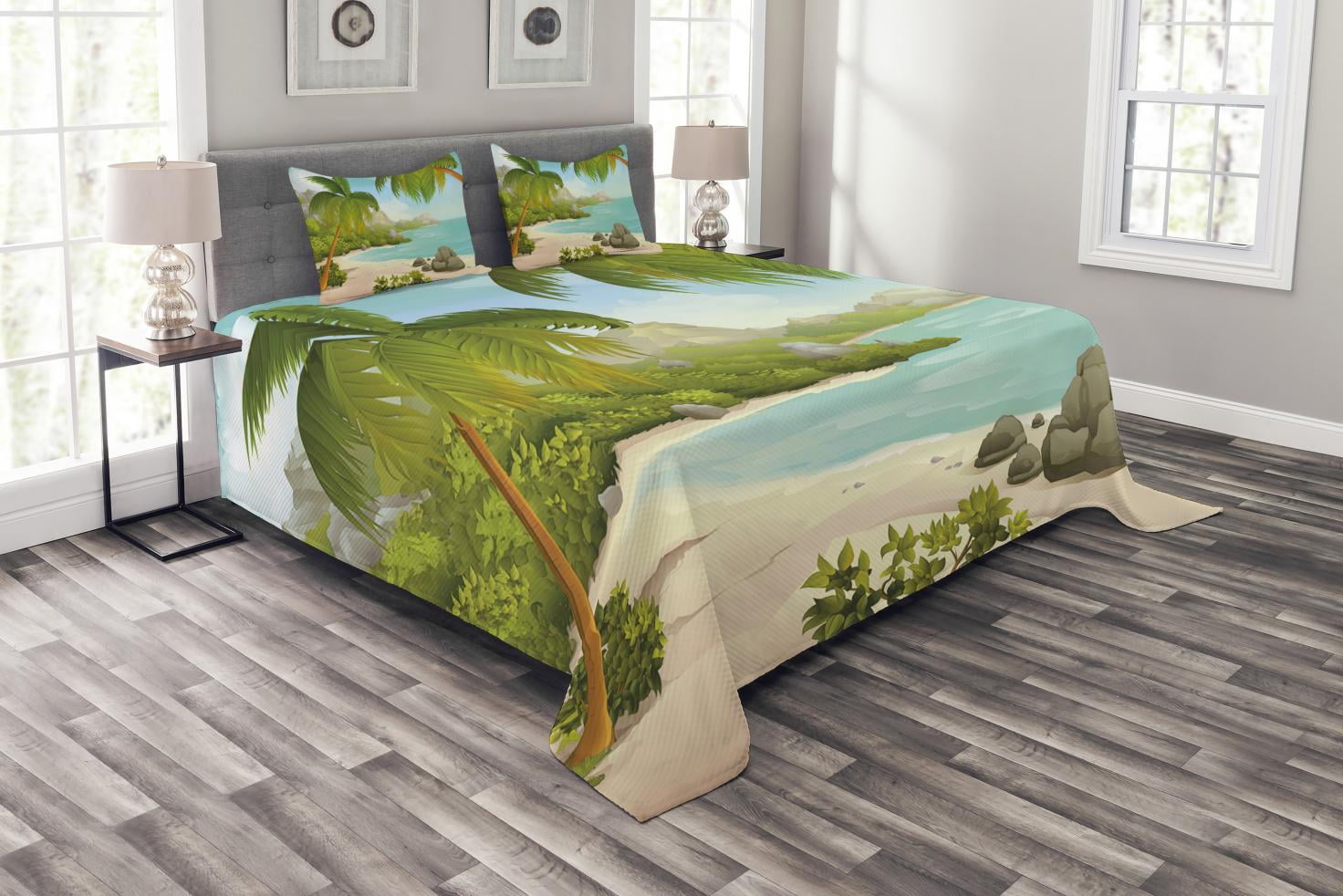 Ambesonne Tropical Quilted Bedspread Set 3 Pcs, Palm Trees and Rocks ...